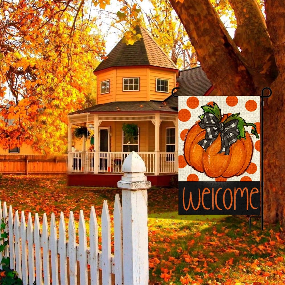 Fall Pumpkin Welcome Garden Flags Vertical Polka Dot Flags Thanksgiving ...