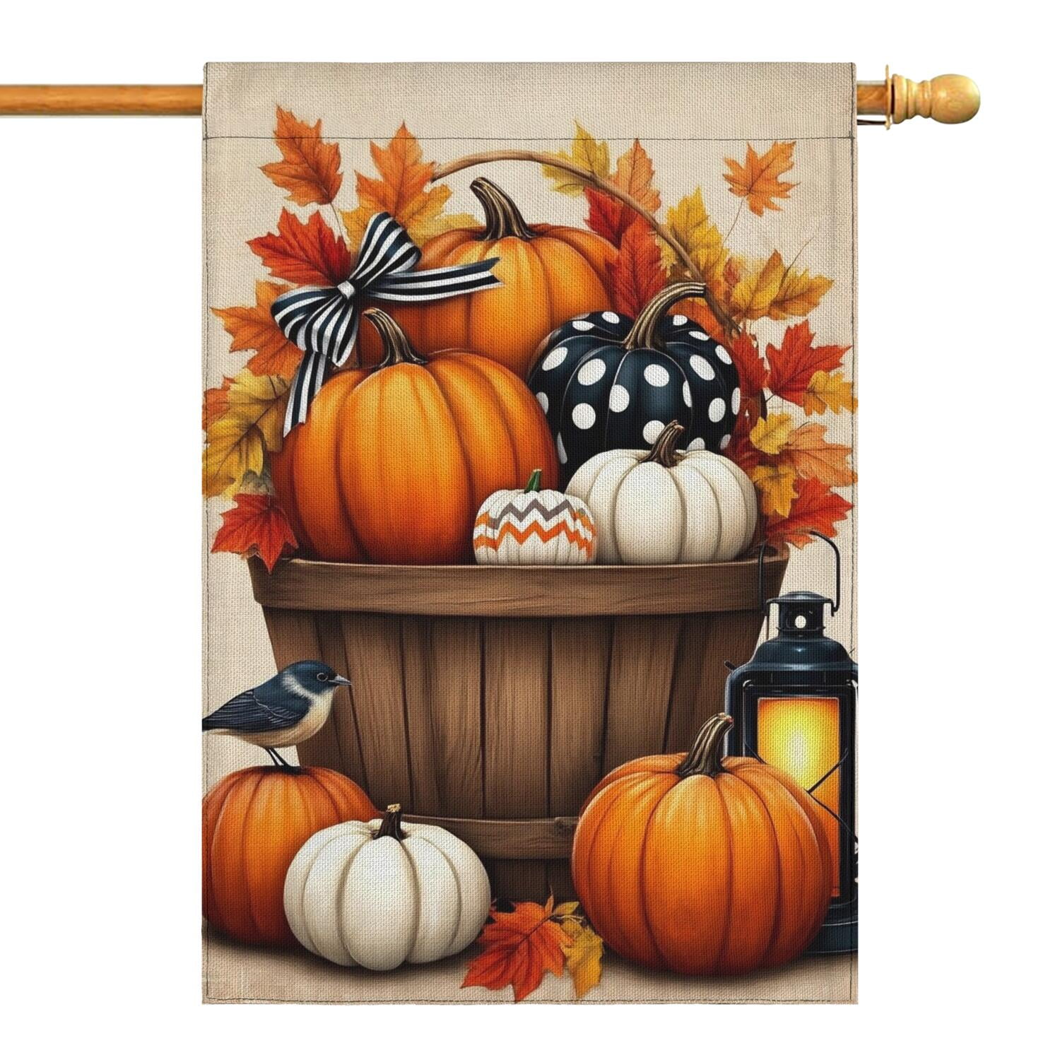 Fall Pumpkins Basket Leaves and Bird Fall Garden Flags 28"x40" Double ...