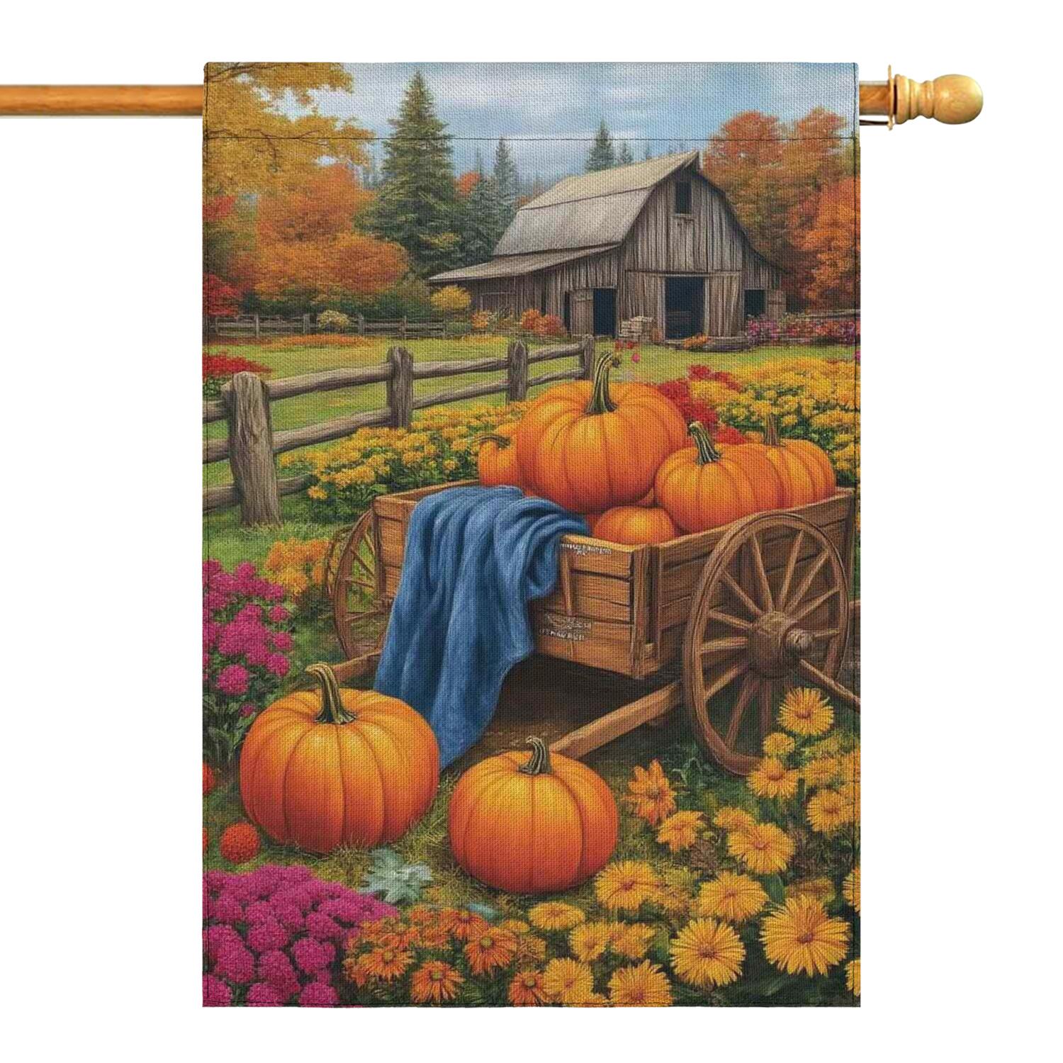 Fall Pumpkins in Cart with Barn Fall Garden Flags 28"x40" Double Side ...