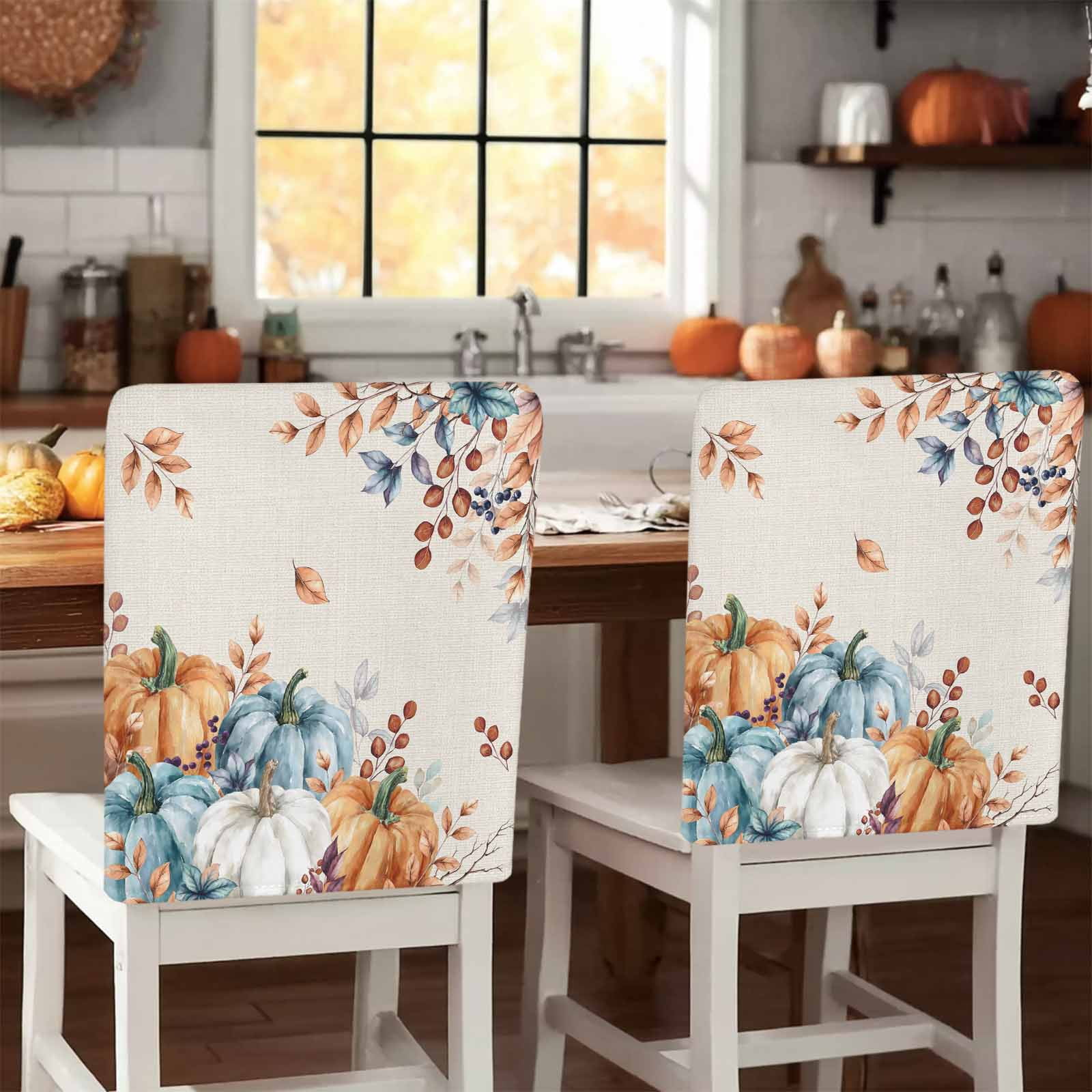 Fall Pumpkins Chair Covers Set of 6 Thanksgiving Orange Blue Watercolor ...