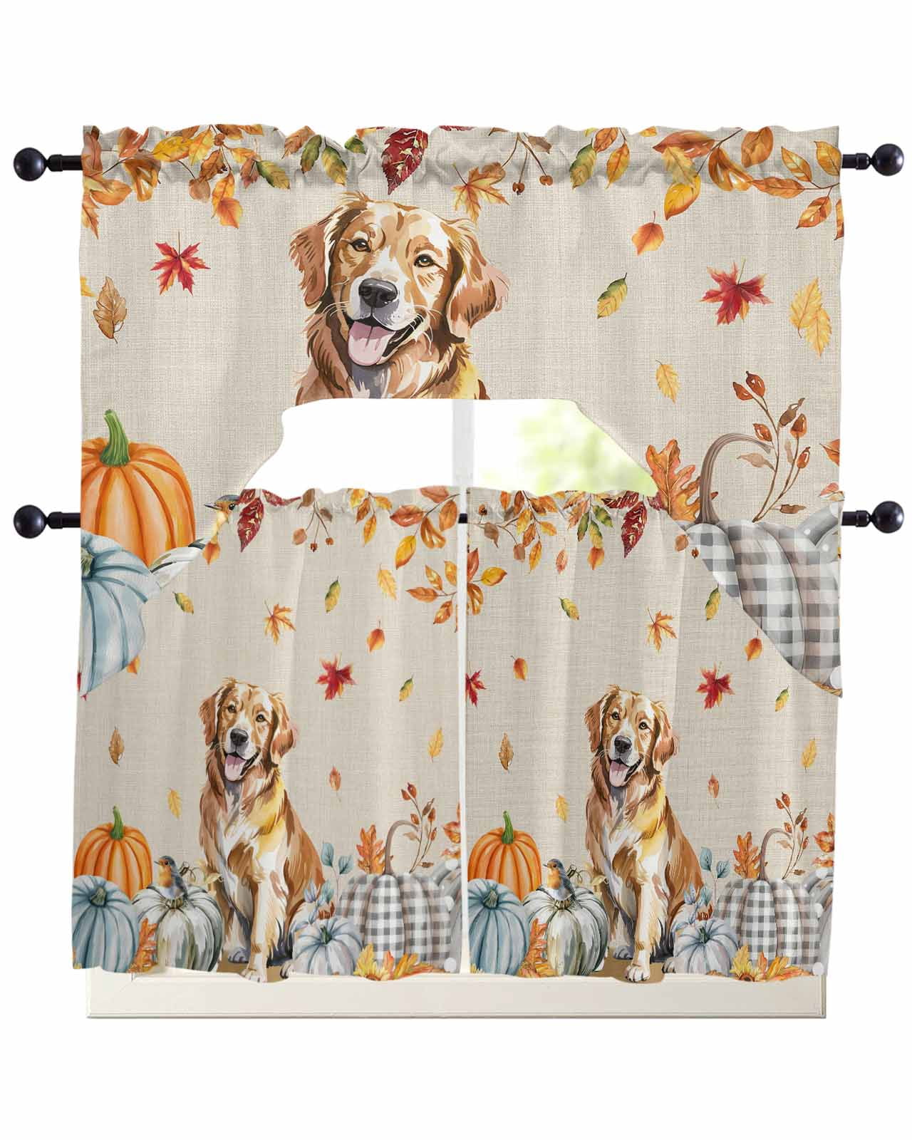 Fall Pumpkins Dog Swag Kitchen Curtains Sets for Windows 24 Inch Length ...