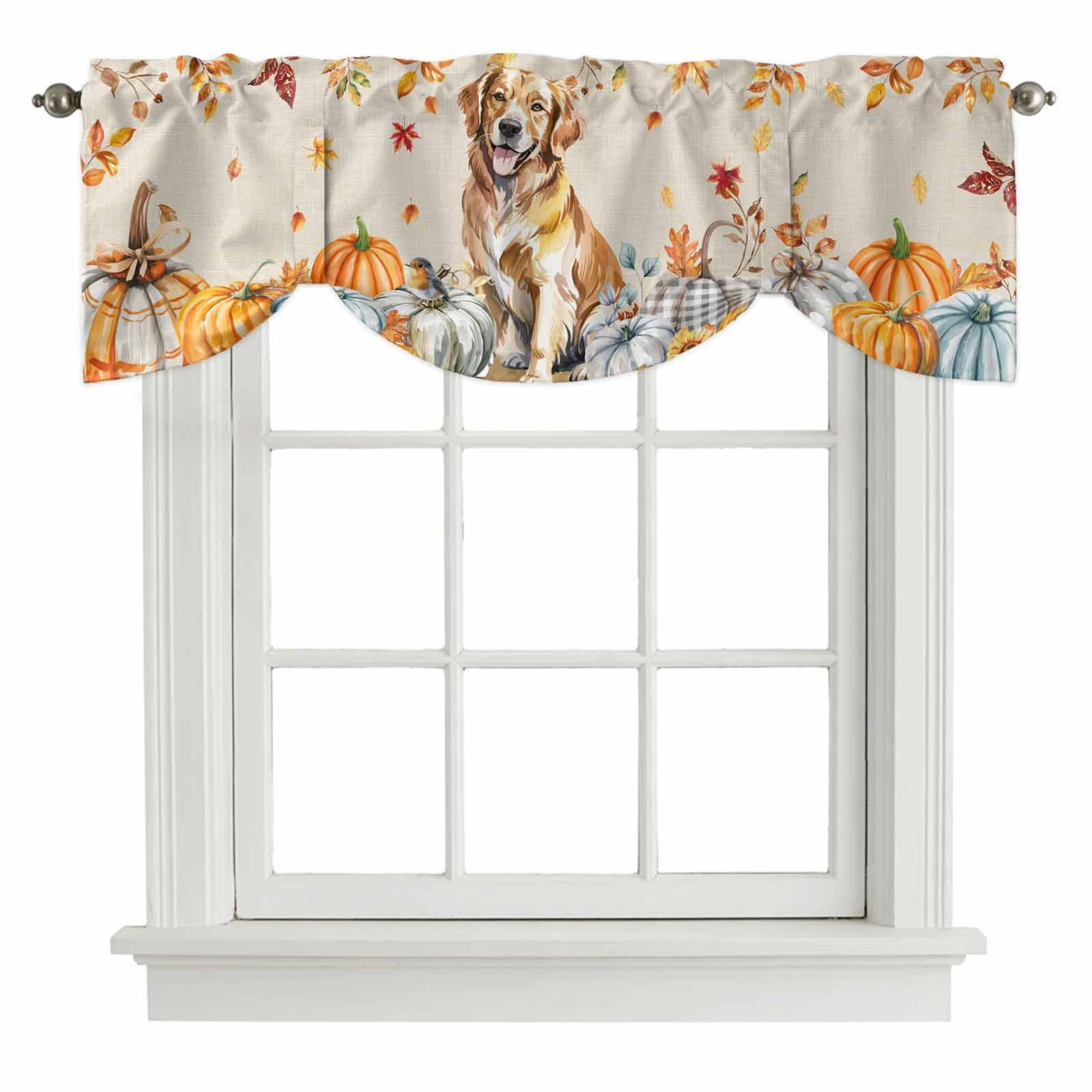 Fall Pumpkins Dog Tie Up Valance Curtains for Windows, Kitchen Curtains ...