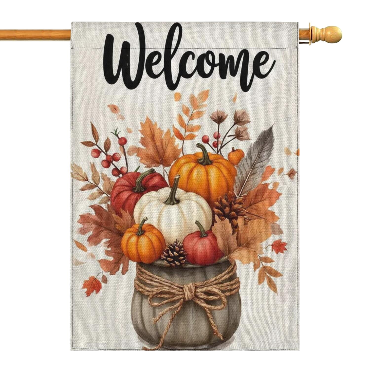 Fall Pumpkins with Leaves and Flowers Fall Garden Flags 28"x40" Double ...