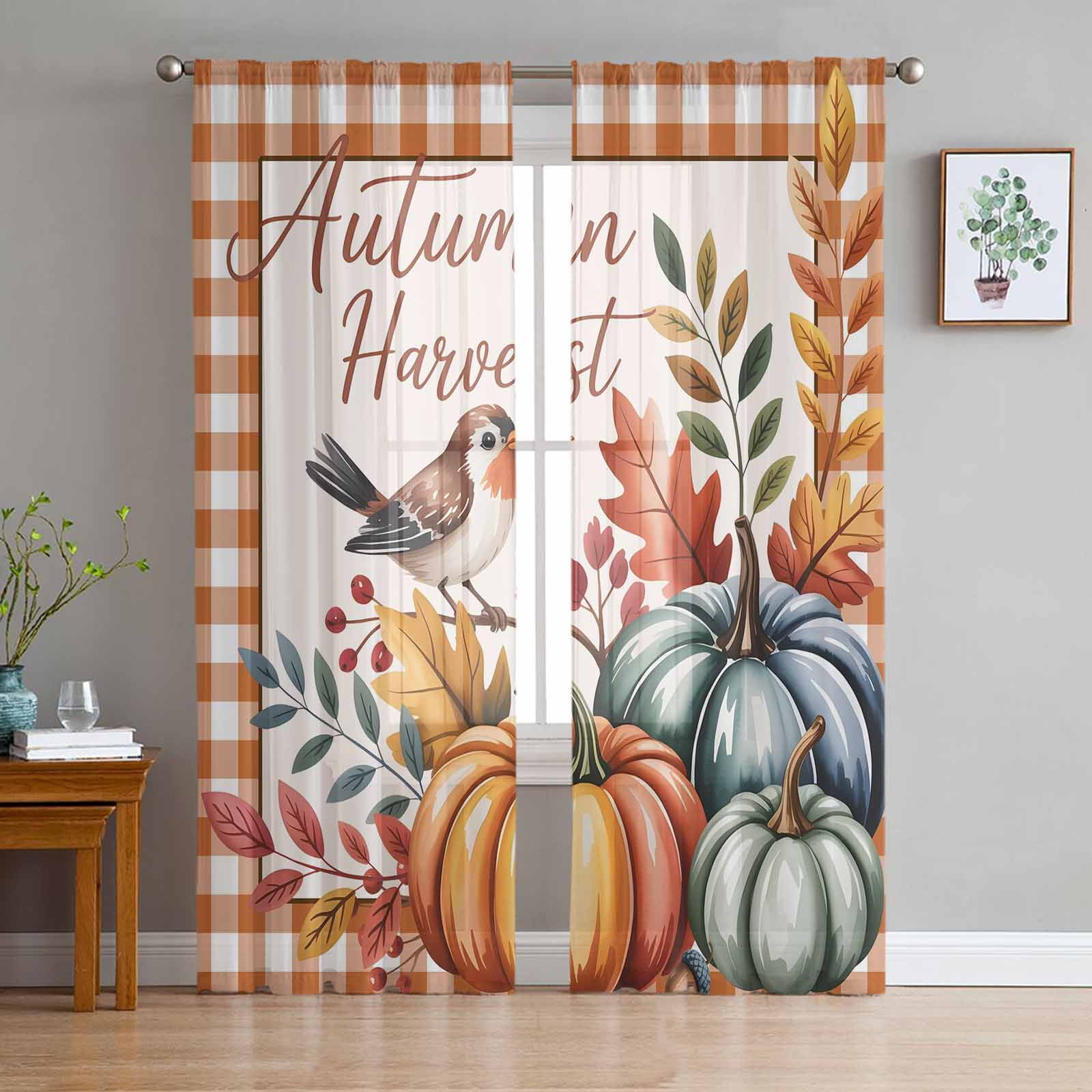Fall Pumpkins Leaves Sheer Curtains 72 Inches Long 2 Panels Set, Window ...