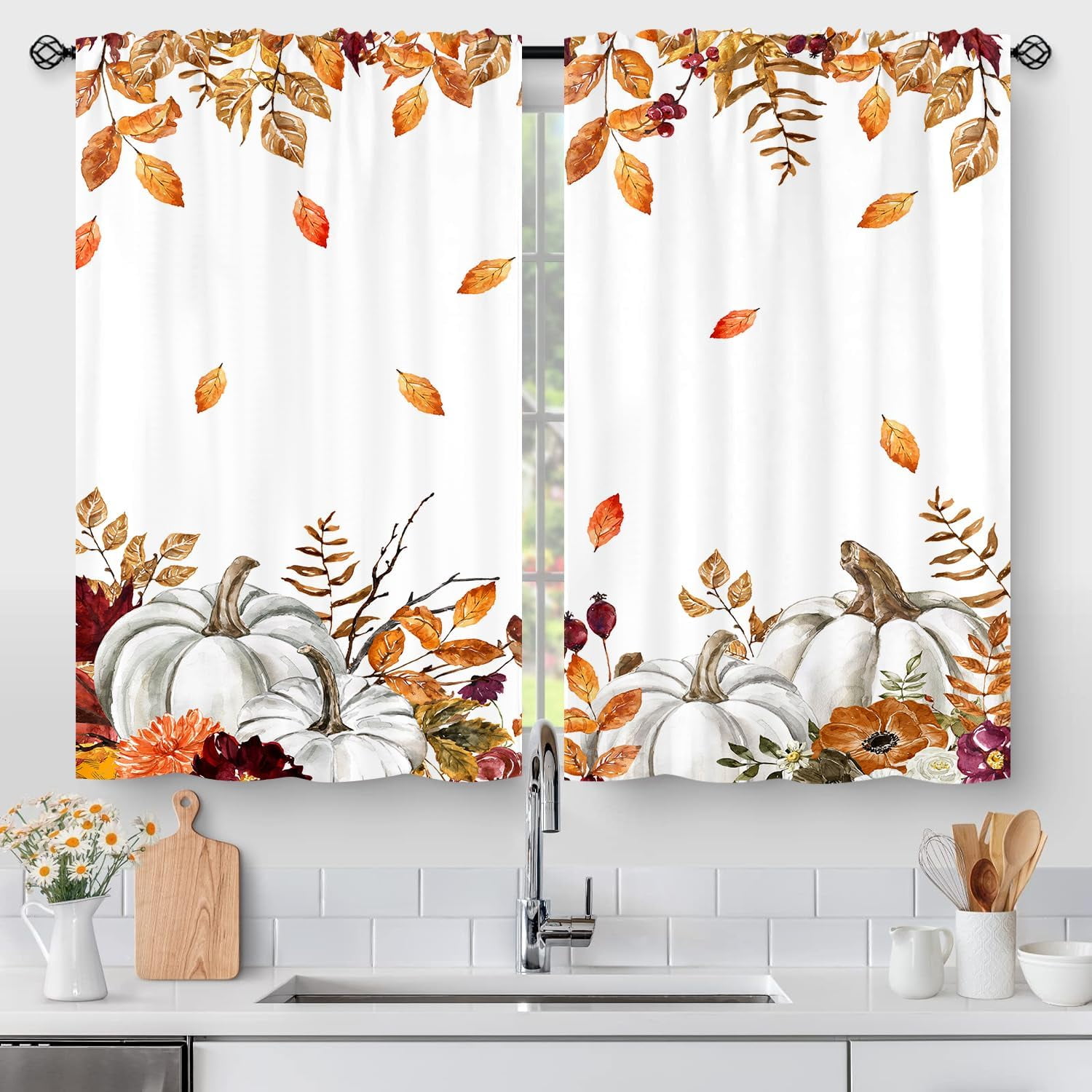 Fall Pumpkins Maple Leaf Kitchen Curtains, Autumn Leaves Harvest ...