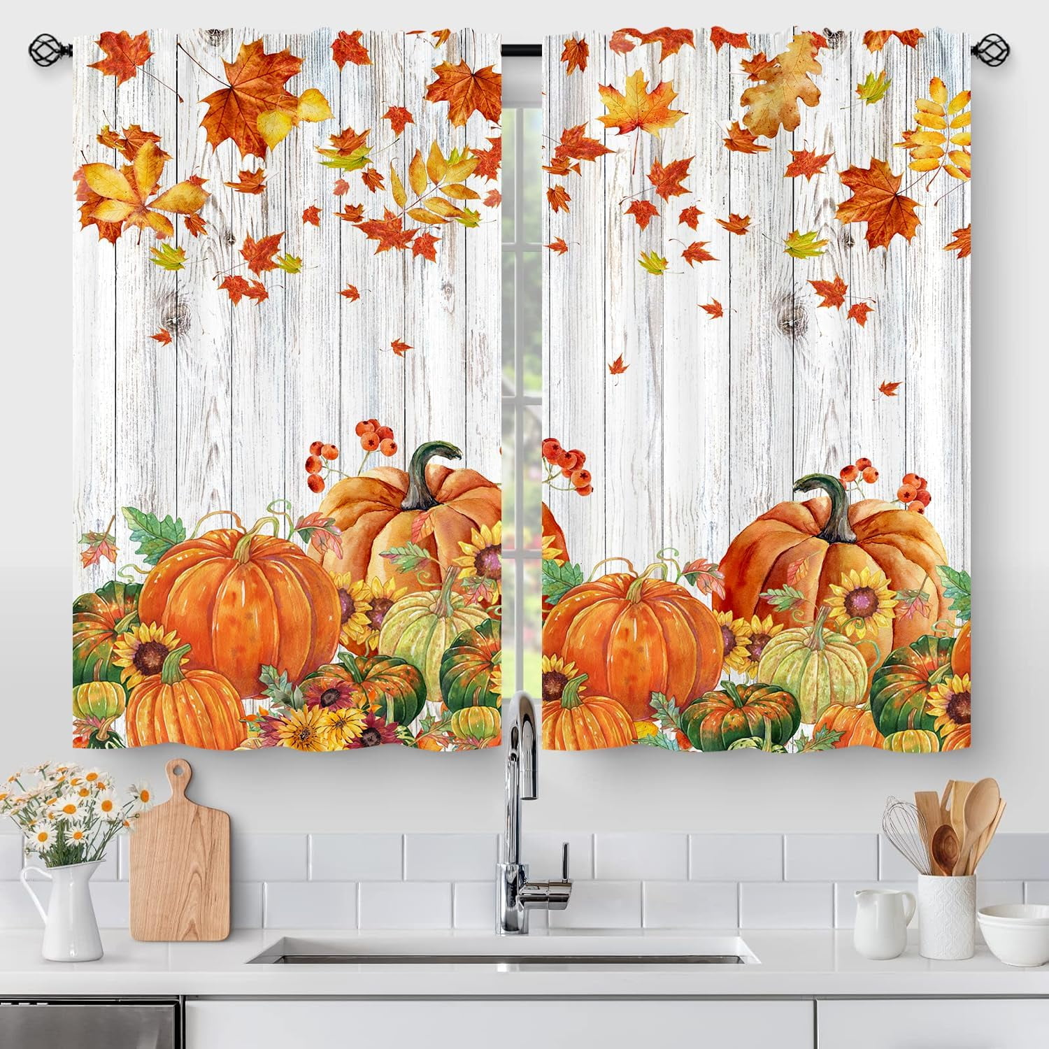 Fall Pumpkins Maple Leaves Kitchen Curtains, Autumn Leaf Harvest Wooden ...