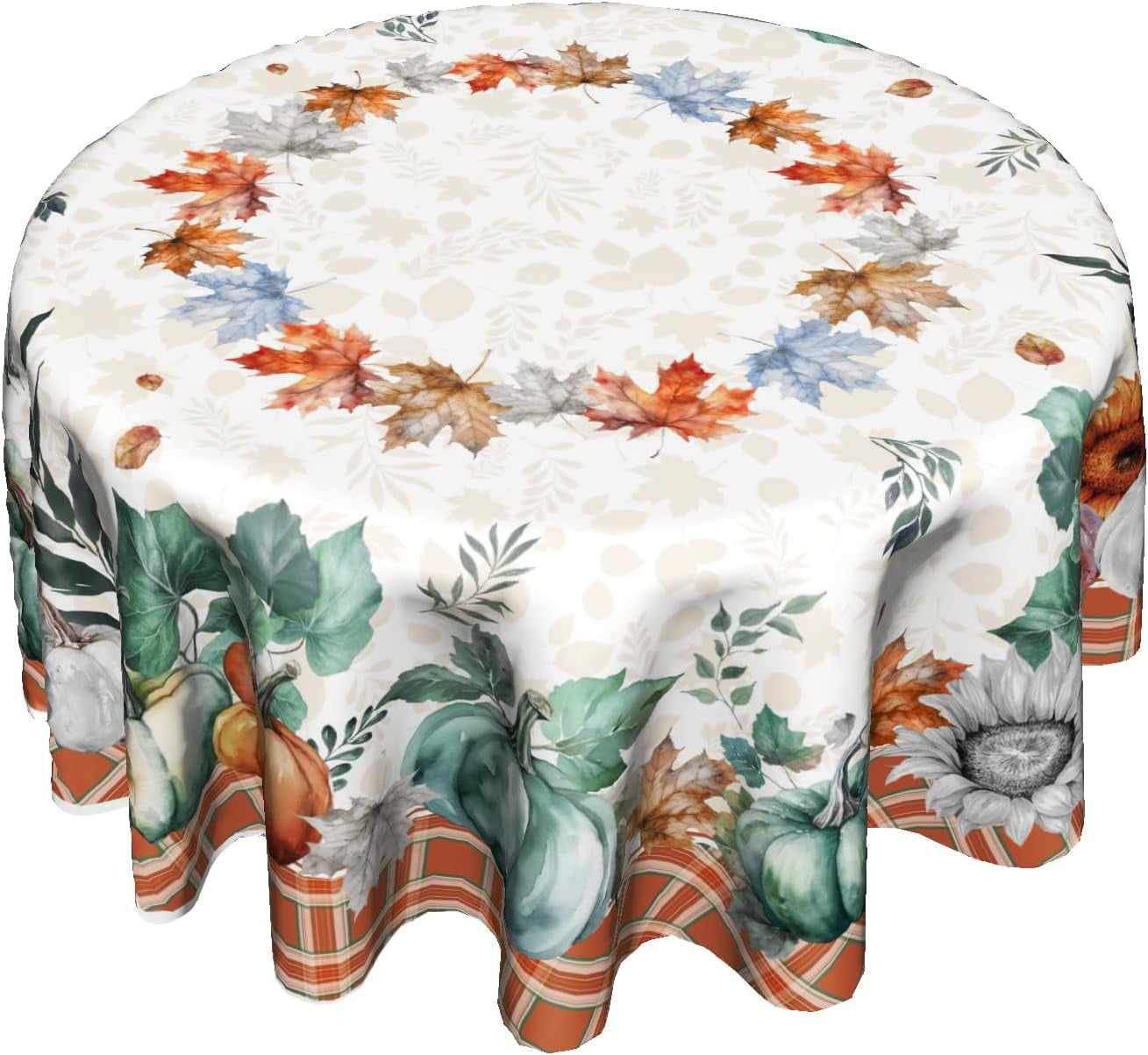 Fall Pumpkins Round Tablecloth Autumn Leaves with Sunflowers Washable ...
