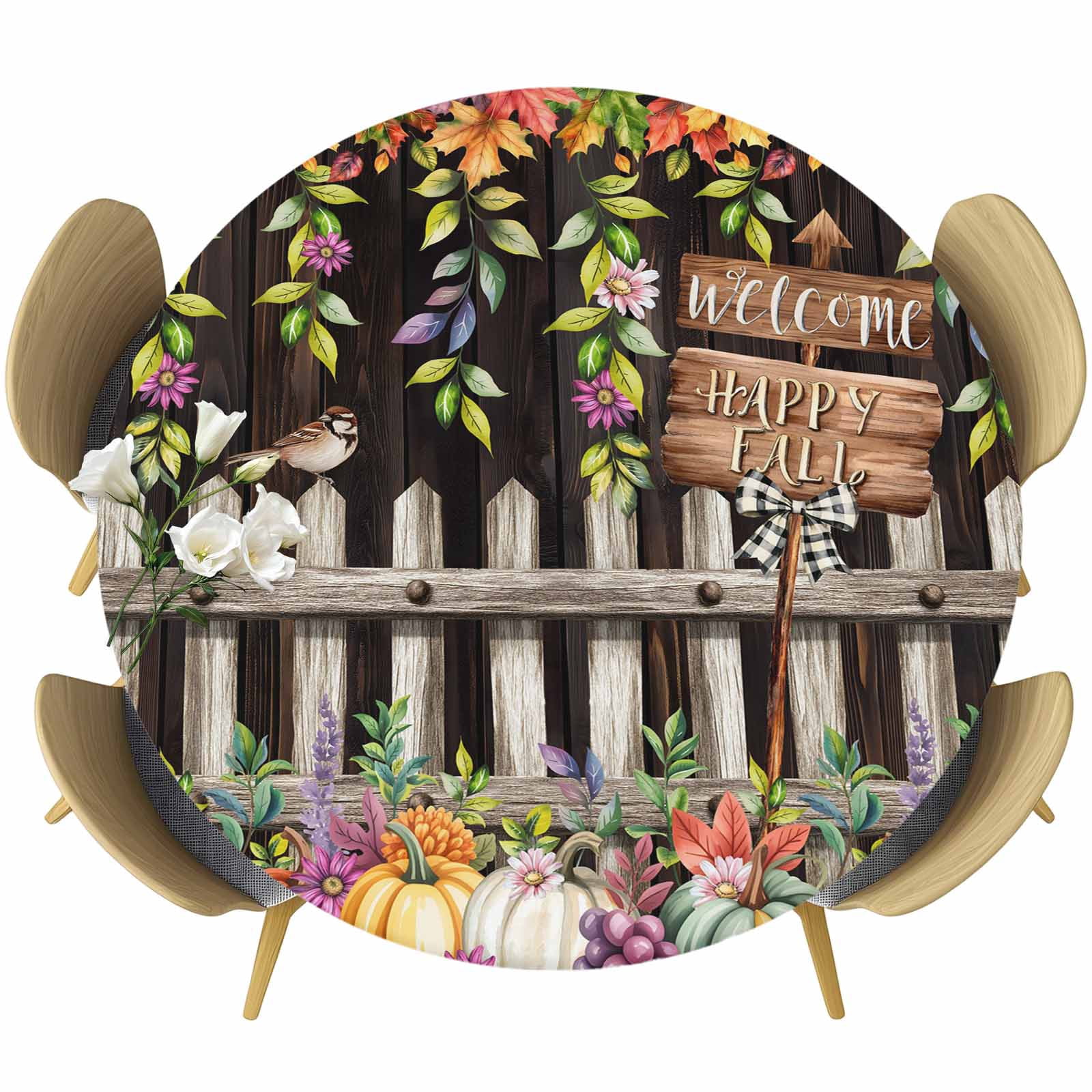 Fall Pumpkins Round Tablecloth, Fitted Table Cover with Elastic for 55 ...