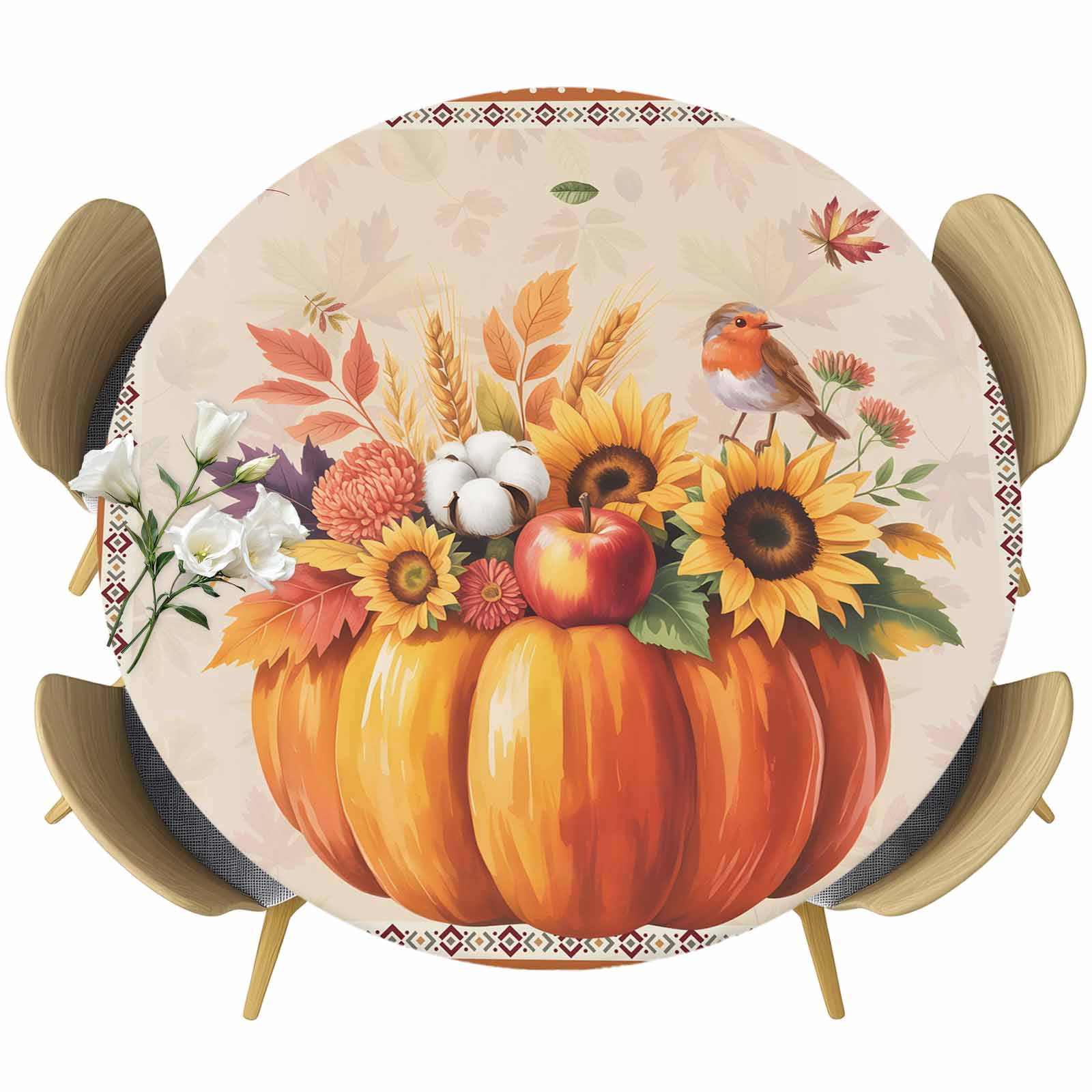 Fall Pumpkins Round Tablecloth, Fitted Table Cover with Elastic for 55 ...