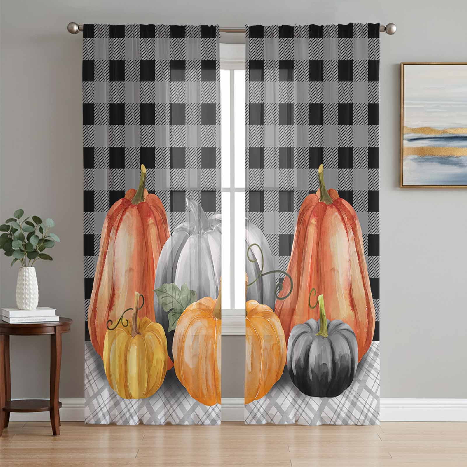 Fall Pumpkins, Semi Sheer Curtains 72 Inch Length 2 Panels Set ...