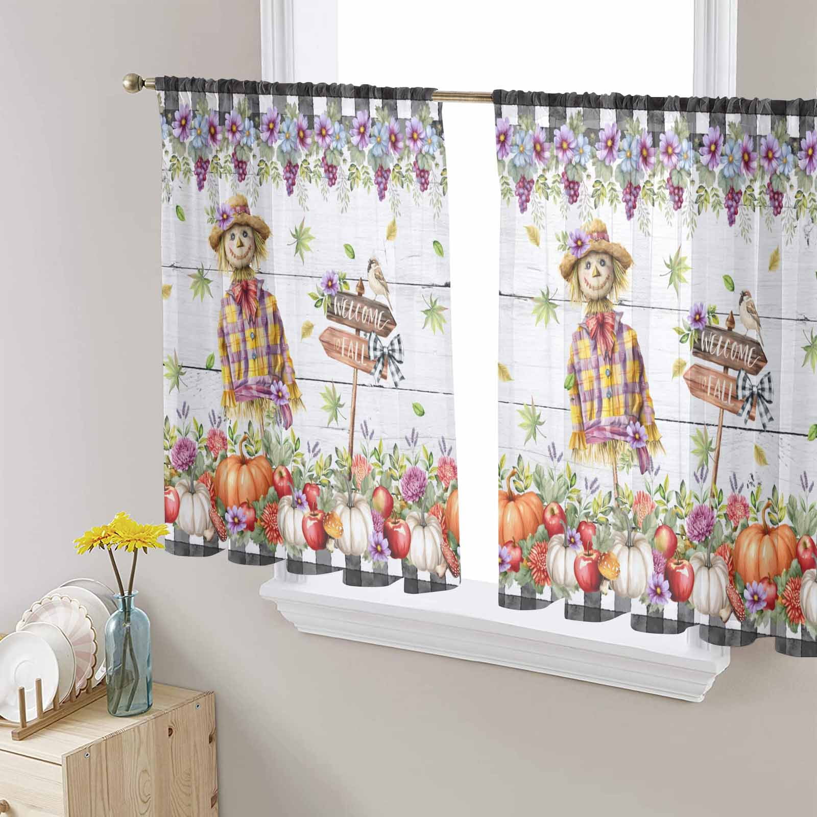 Fall Pumpkins Sheer Curtains 54 Inches Length 2 Panels Set, Window ...
