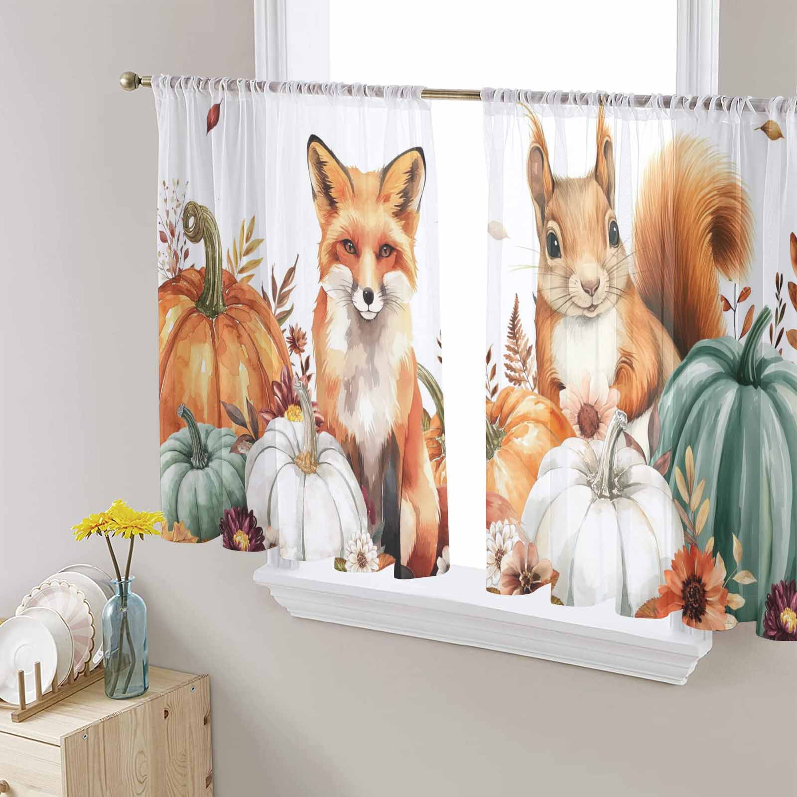 Fall Pumpkins Sheer Curtains 54 Inches Length 2 Panels Set, Window ...