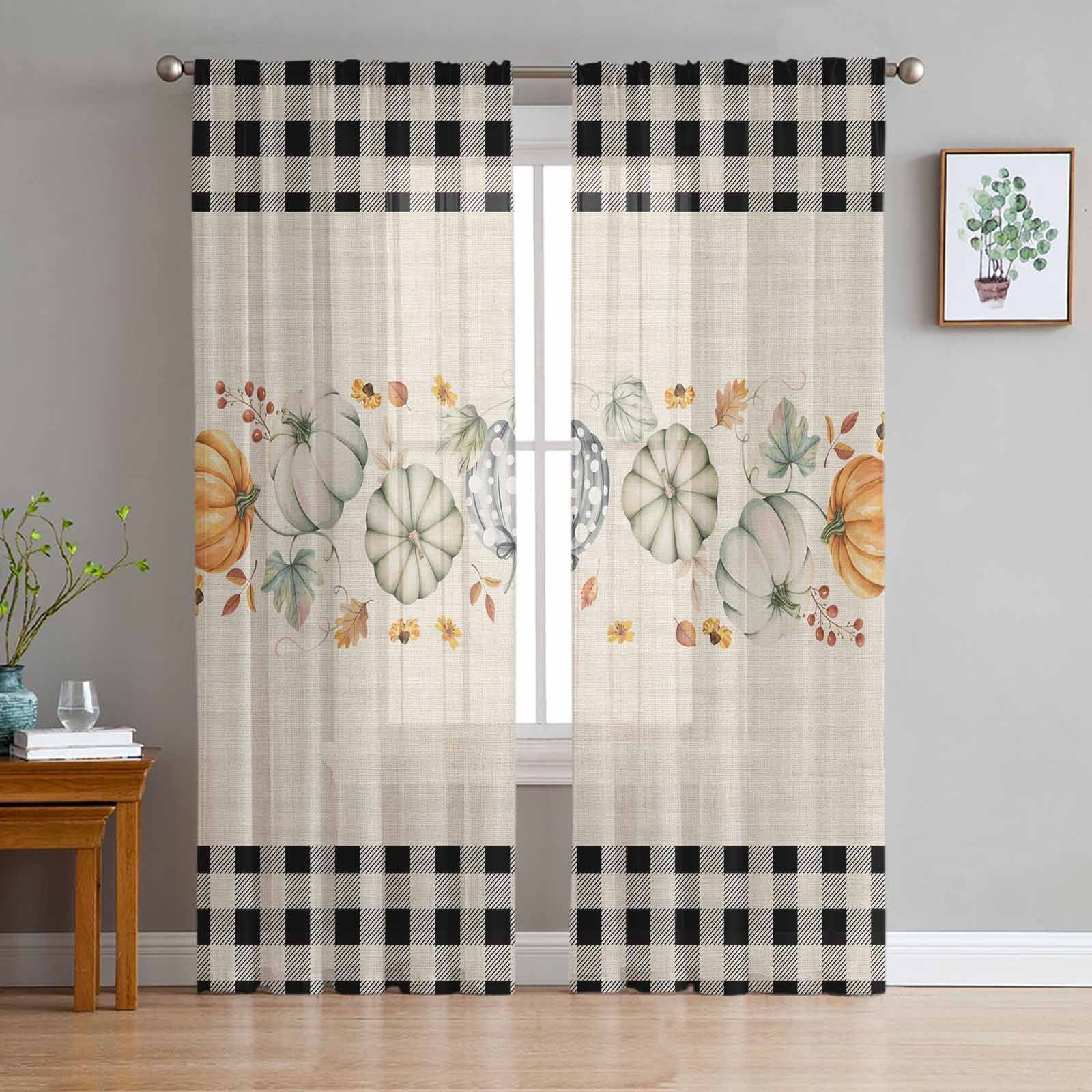 Fall Pumpkins Sheer Curtains 63 Inches Length 2 Panels Set, Window ...