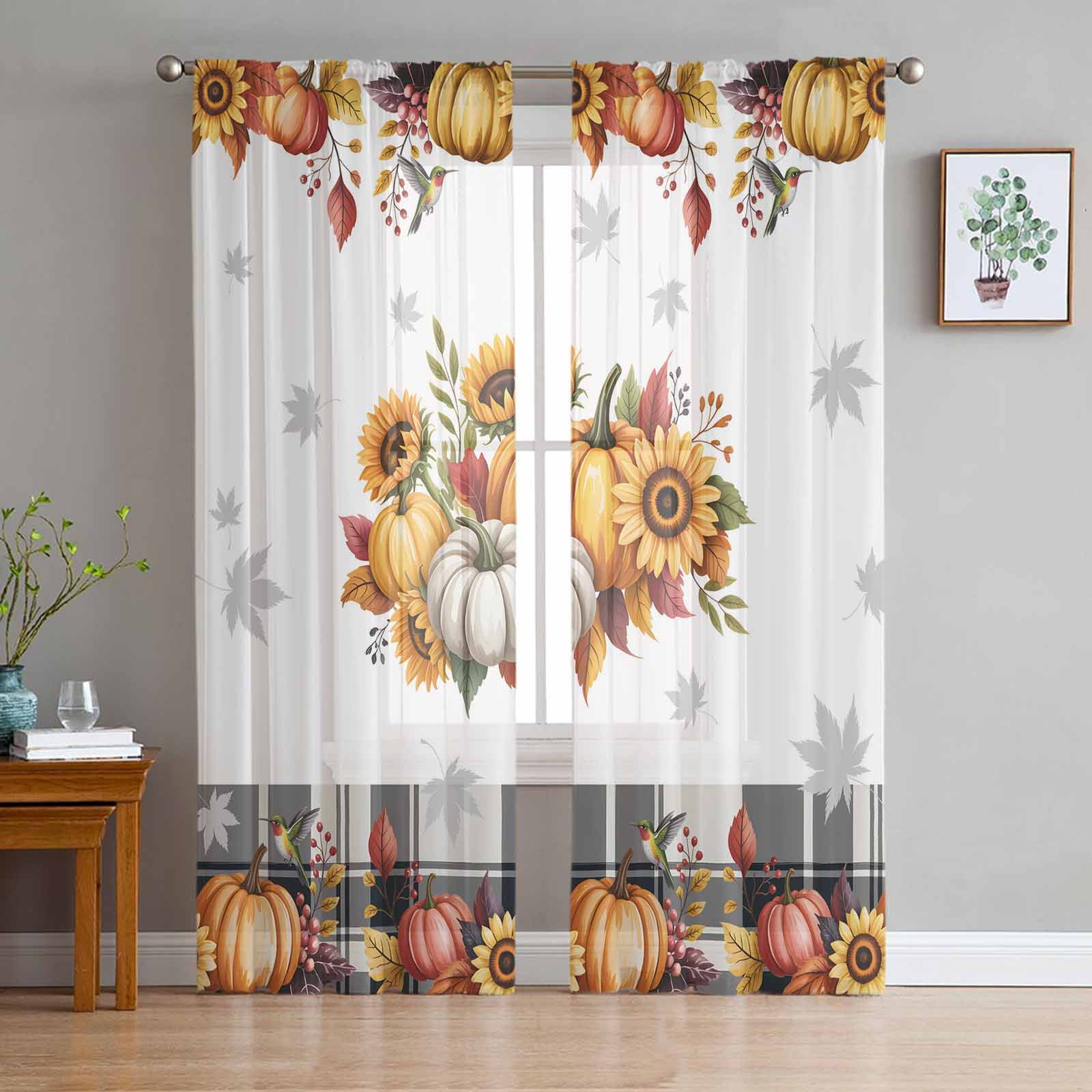 Fall Pumpkins Sheer Curtains 63 Inches Length 2 Panels Set, Window ...