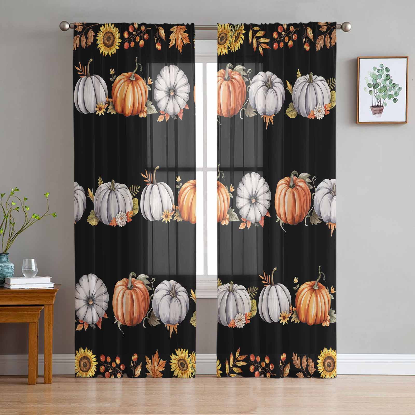 Fall Pumpkins Sheer Curtains 63 Inches Length 2 Panels Set, Window ...