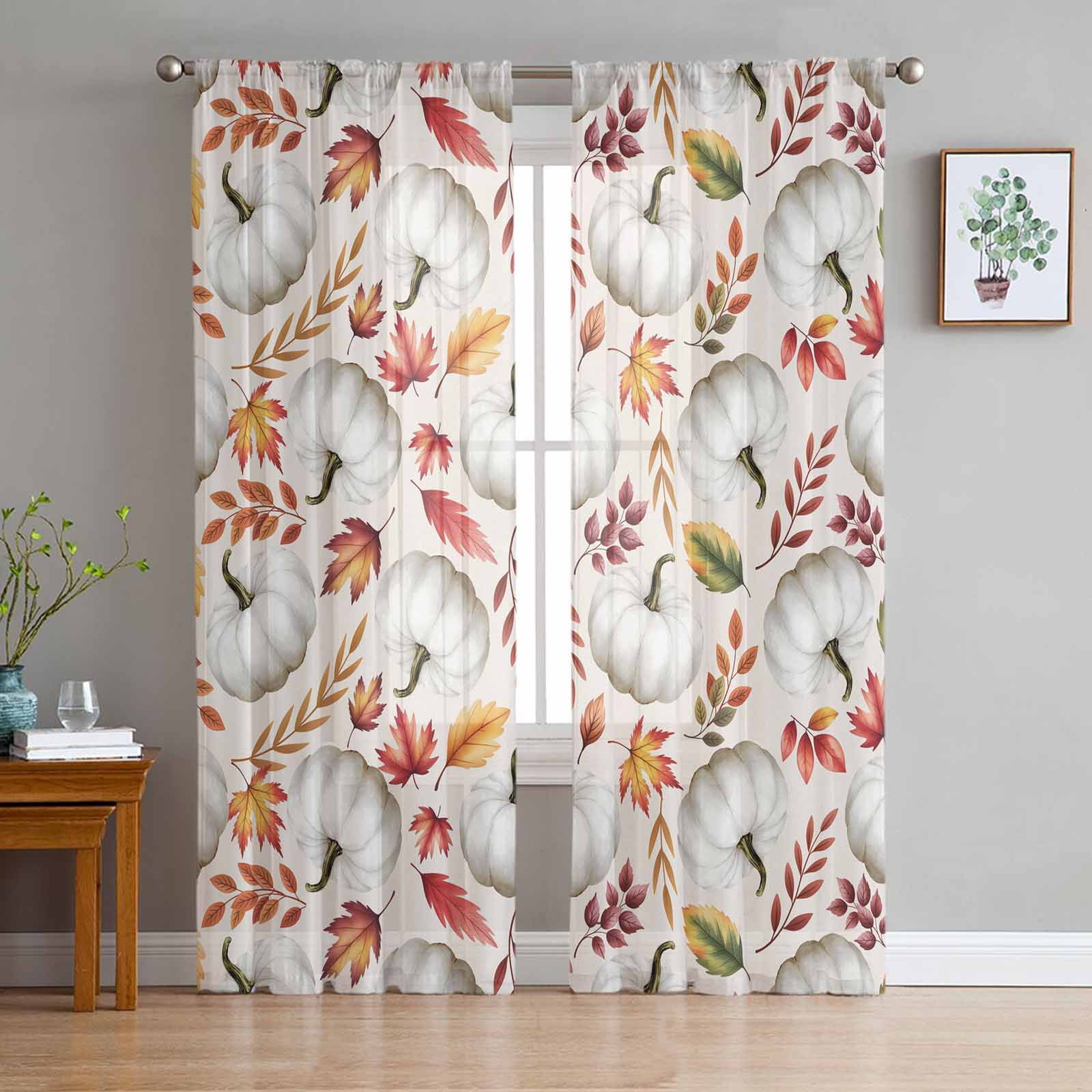 Fall Pumpkins Sheer Curtains 84 Inches Long 2 Panels Set, Window Sheer ...