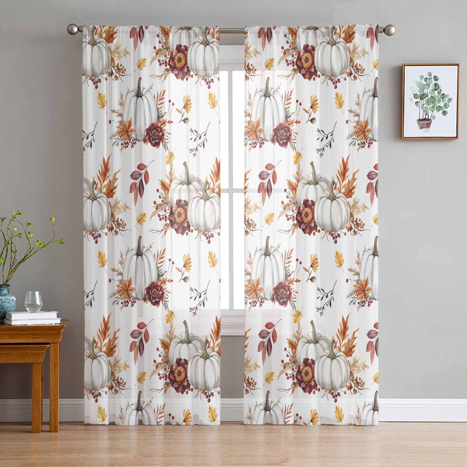 Fall Pumpkins Sheer Curtains 96 Inches Long 2 Panels Set, Window Sheer ...