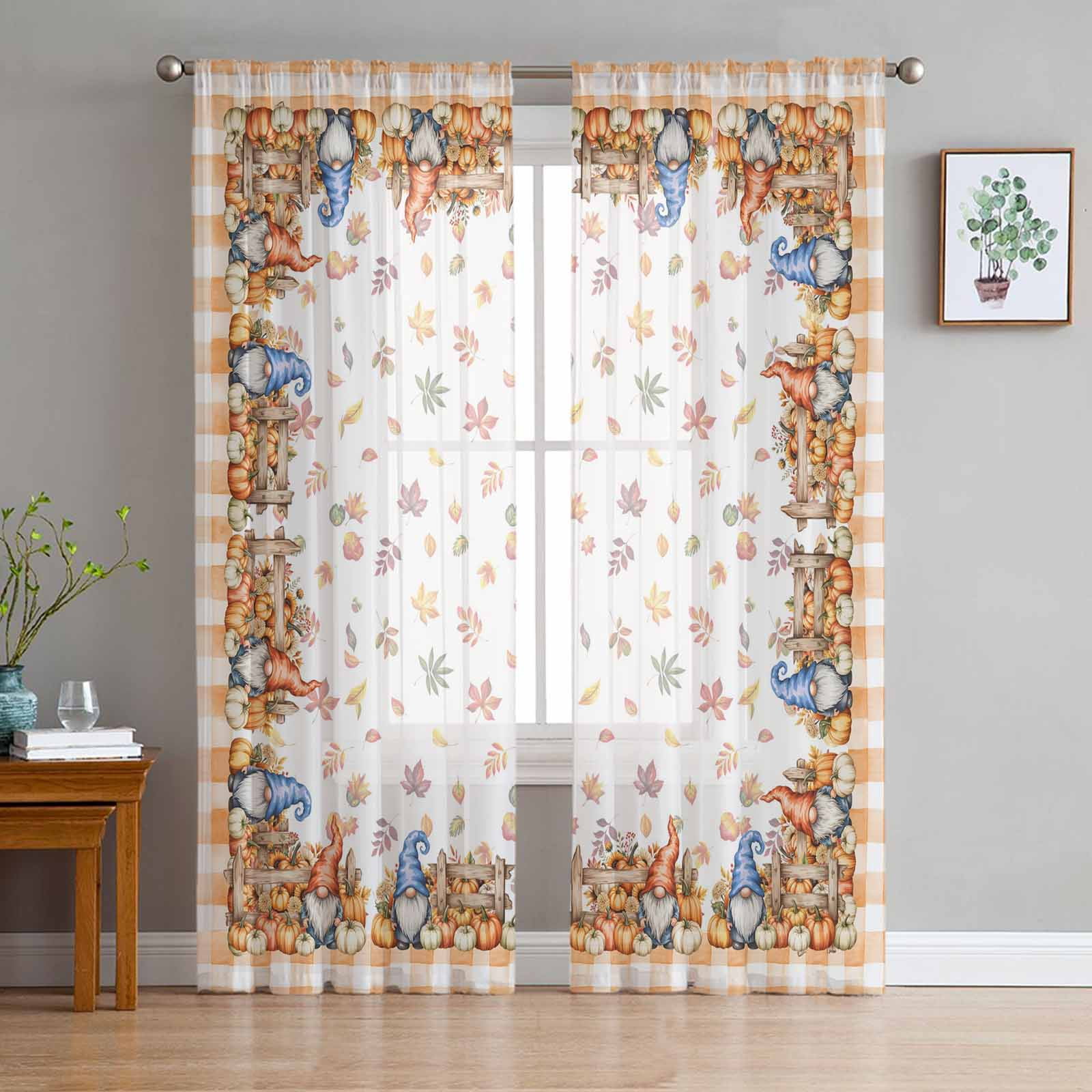 Fall Pumpkins Sheer Curtains 96 Inches Long 2 Panels Set, Window Sheer ...