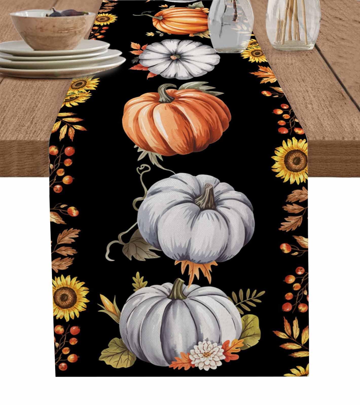 Fall Pumpkins Table Runner 108 Inches, ThanksgivingSunflowers Maple ...