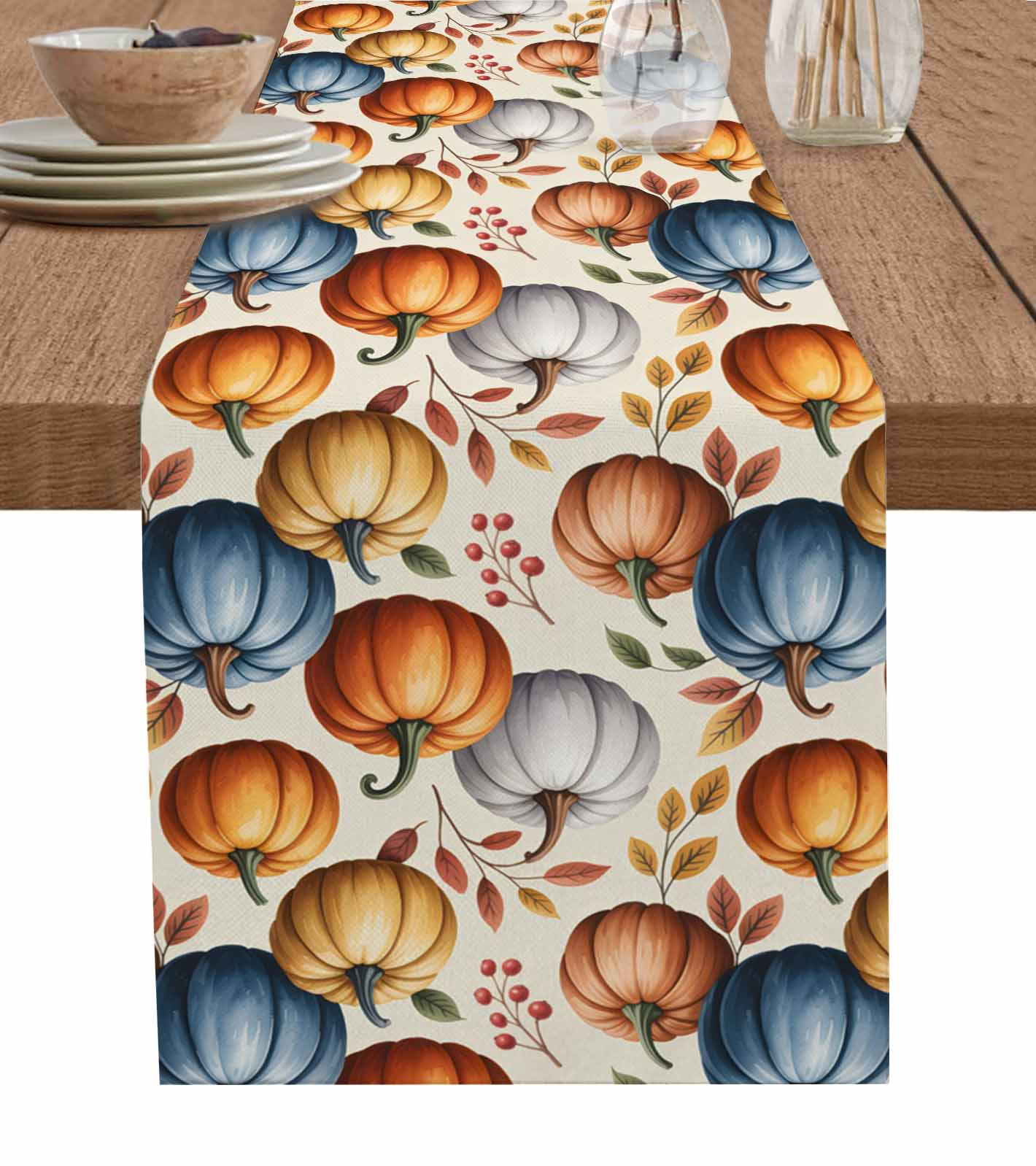 Fall Pumpkins Table Runner 120 Inches, Botanical Thanksgiving Maple ...