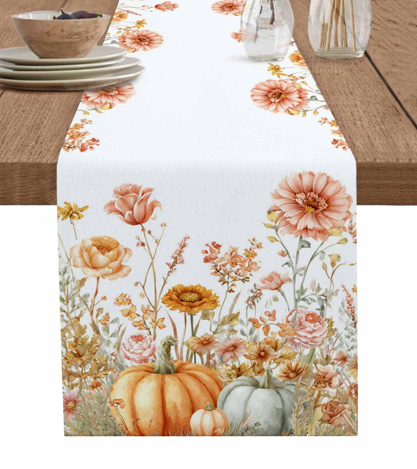 Fall Pumpkins Table Runner 36 Inches, Thanksgiving Botanical Floral ...