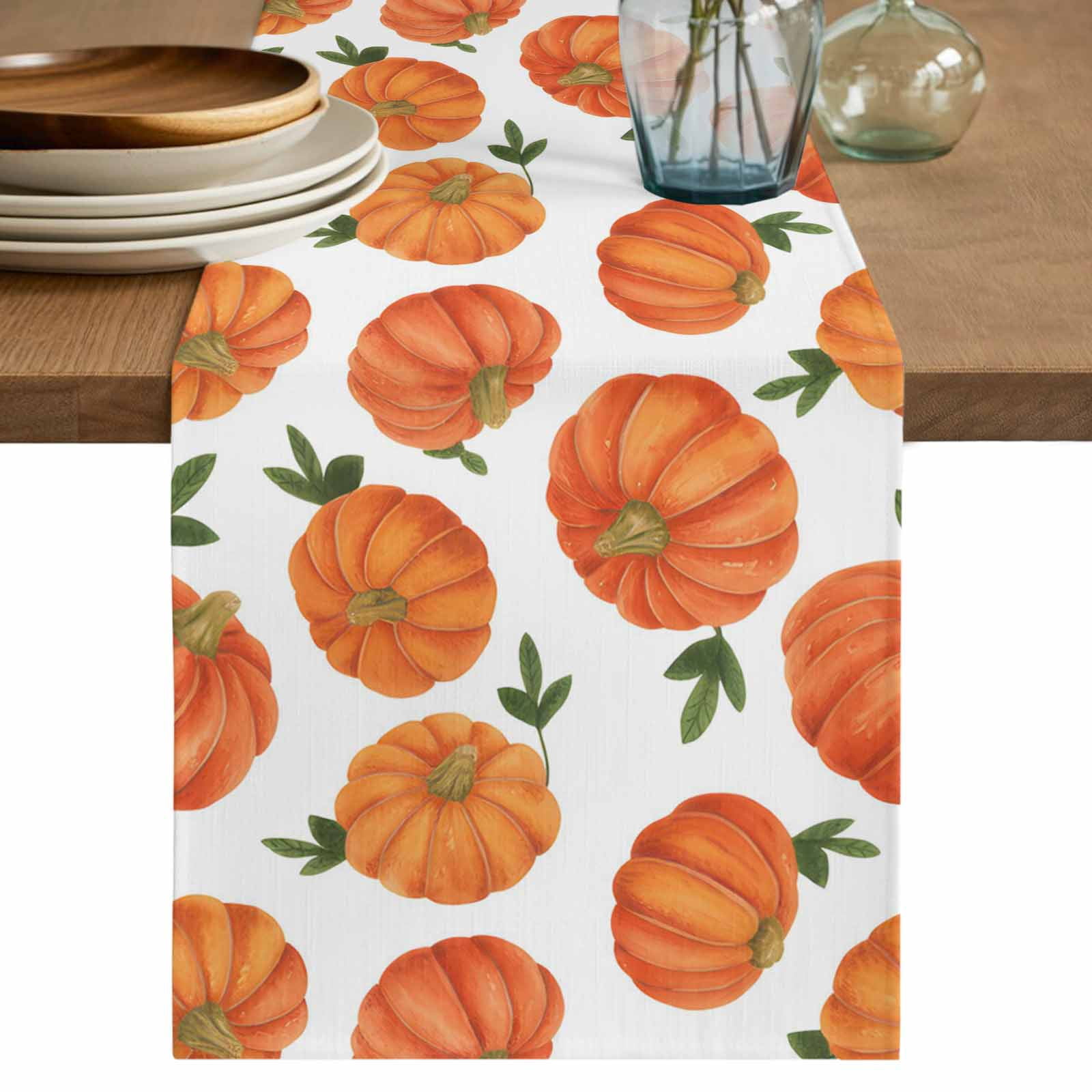 Thanksgiving Table Runner 36 Inches, Fall Orange Pumpkin Green Maple ...