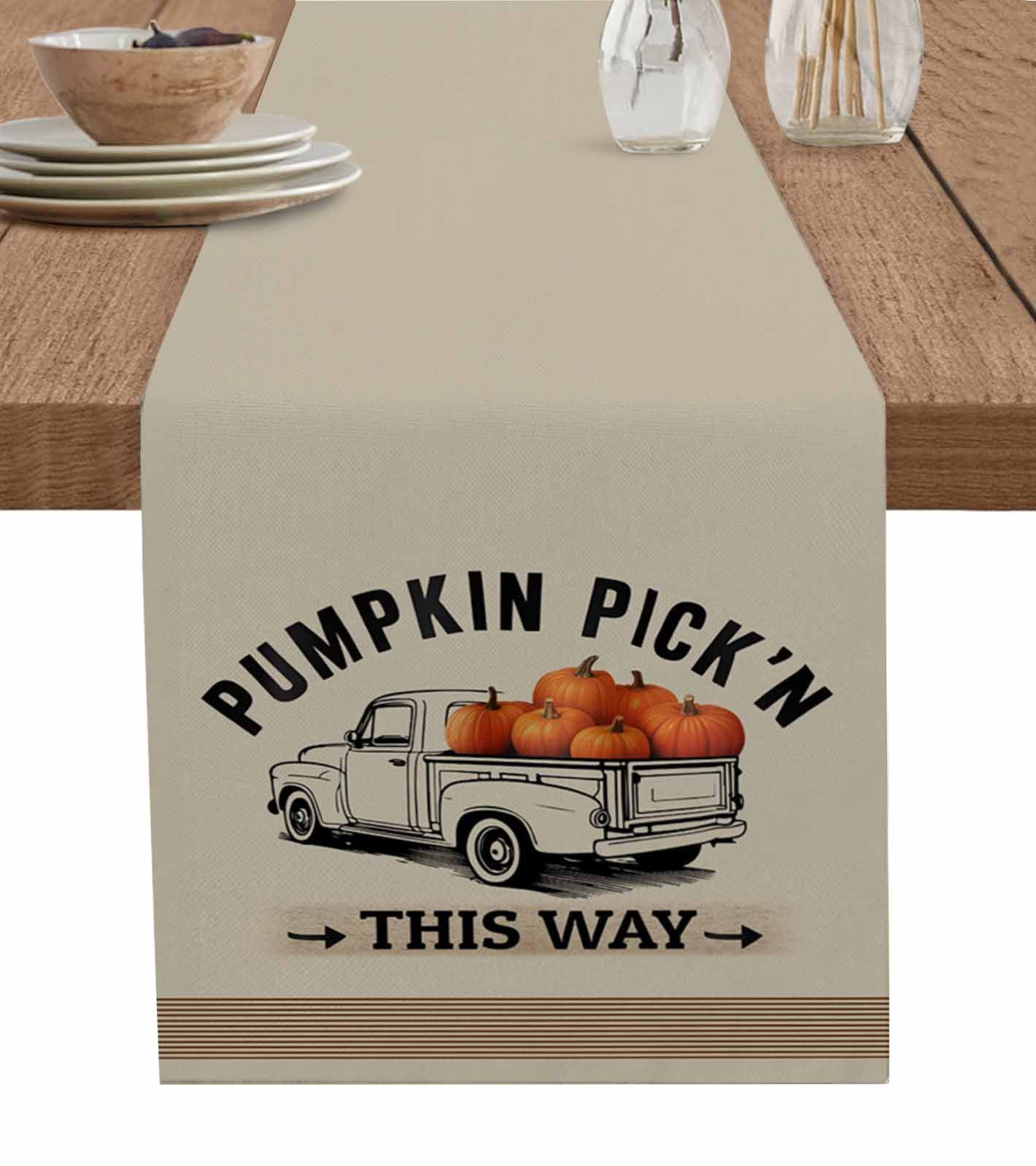 Fall Pumpkins Table Runner 36 Inches, Thanksgiving Tan Truck Farmhouse ...