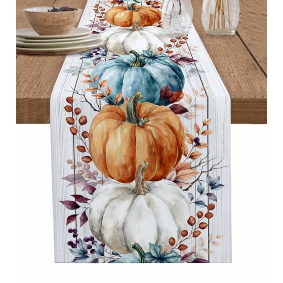 Fall Pumpkins Table Runner 60 Inches, Thanksgiving Eucalyptus Leaves ...