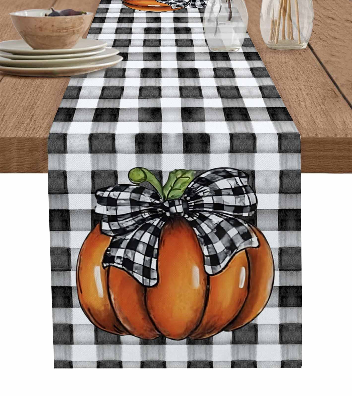 Fall Pumpkins Table Runner 70 Inches, Black Checkered Check Bow ...