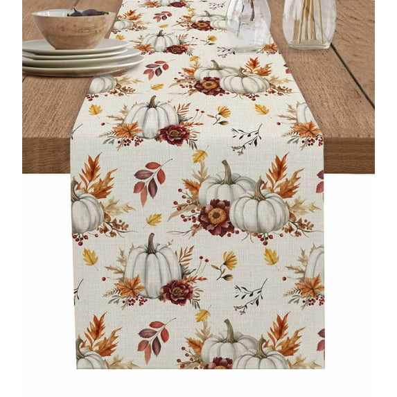 Fall Pumpkins Table Runner 70 Inches, Thanksgiving Botanical Maple Leaf ...