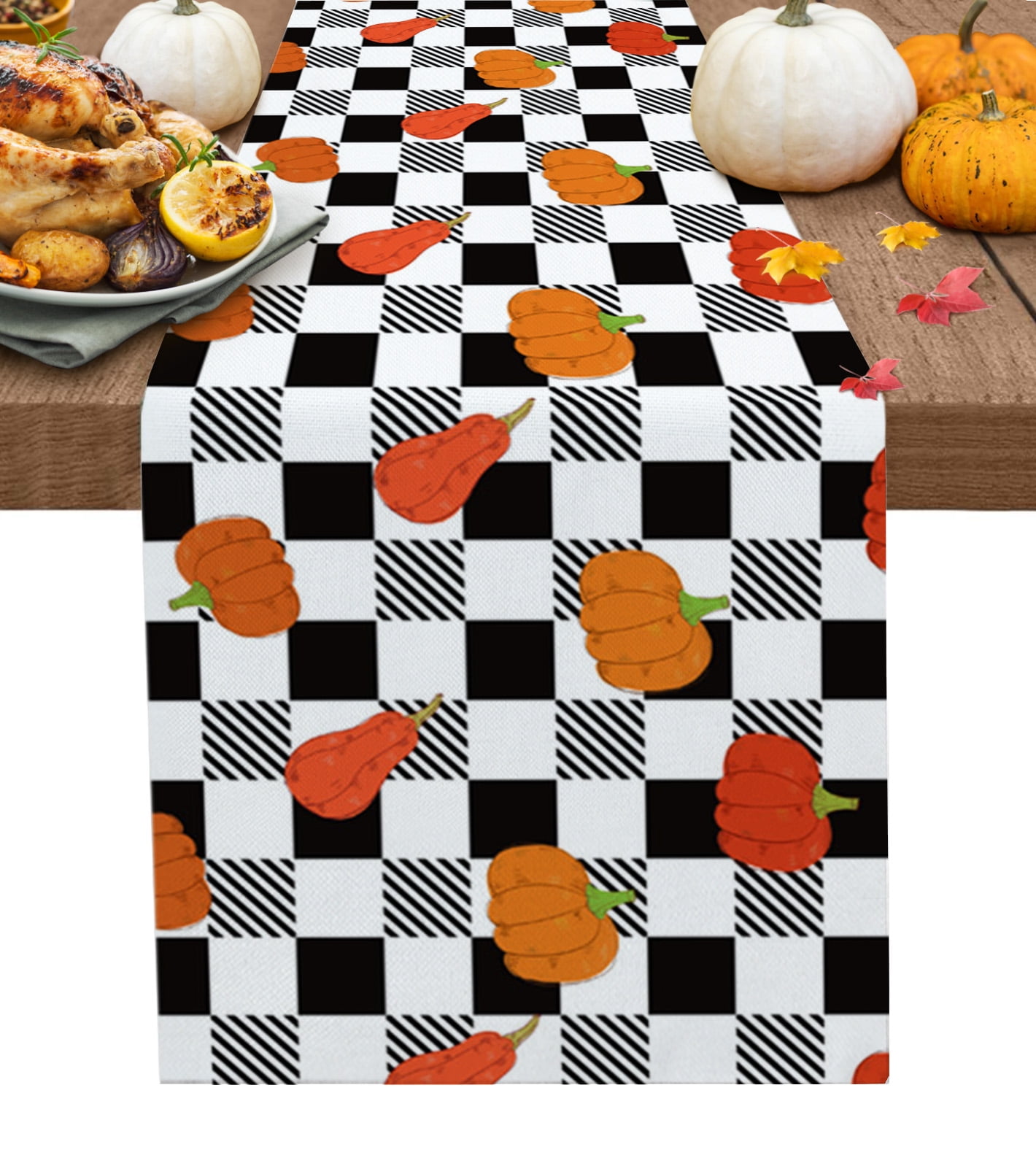 Fall Pumpkins, Table Runner 72 Inches, Autumn Black White Buffalo Plaid ...