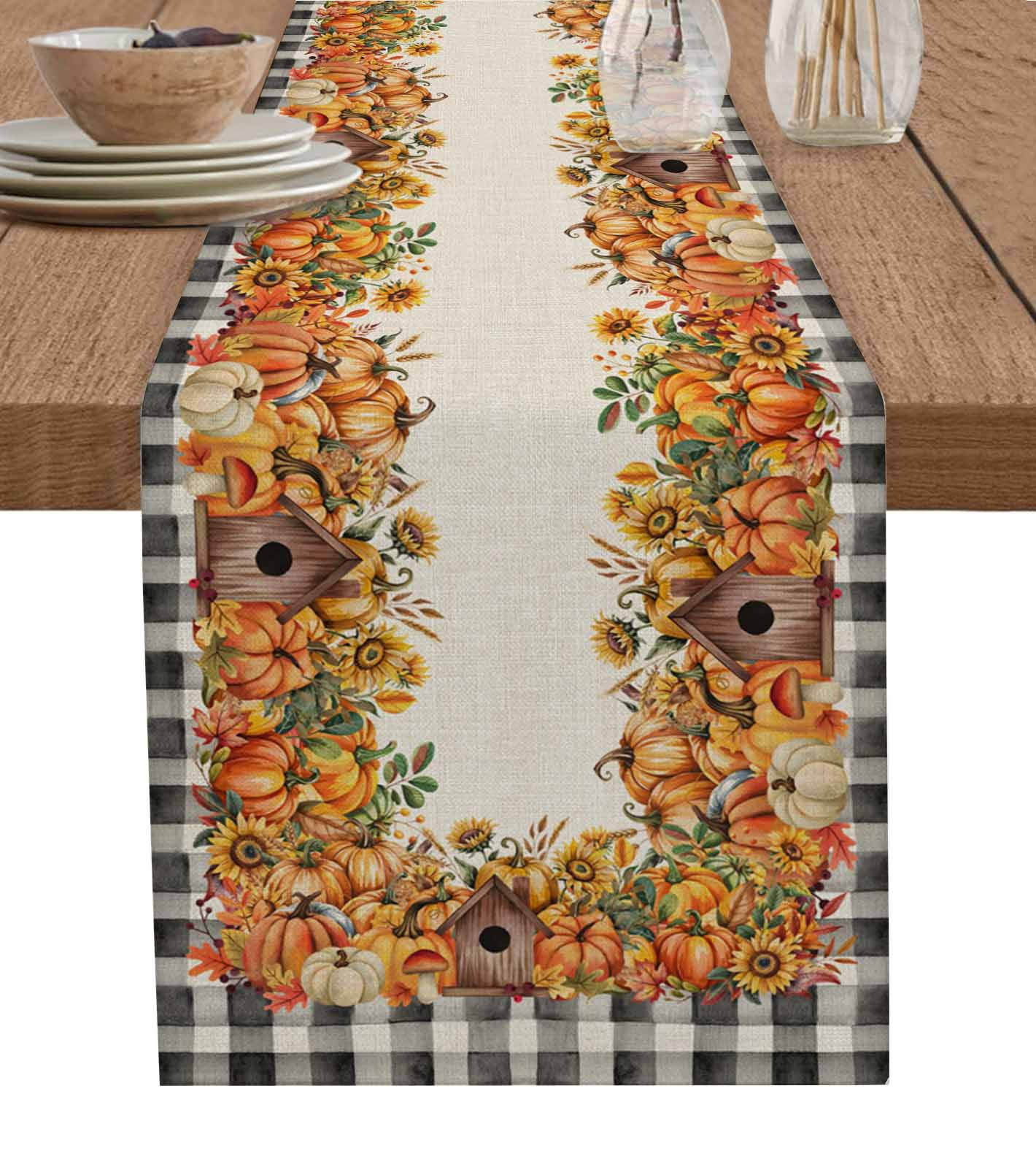 Fall Pumpkins Table Runner 72 Inches, Sunflowers Retro Plaid Country ...