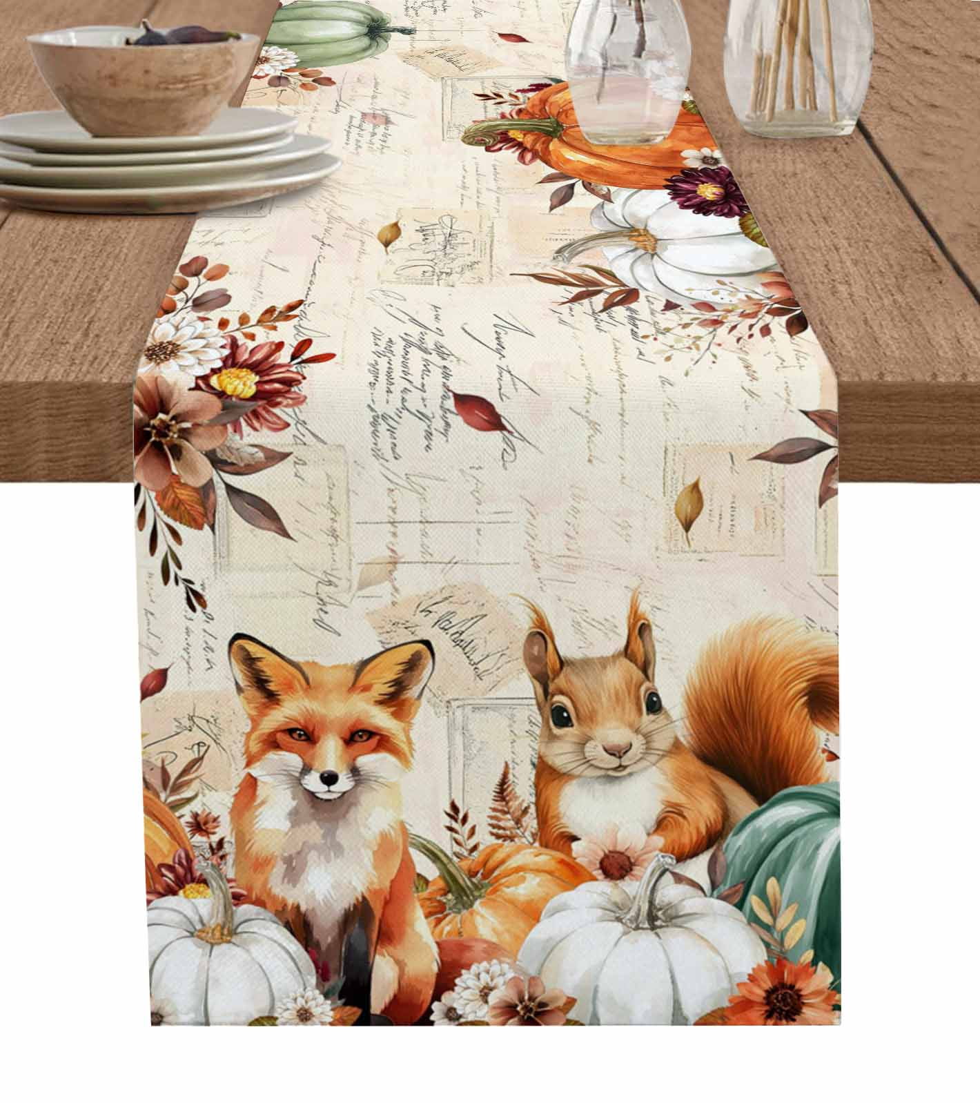 Fall Pumpkins Table Runner 72 Inches, Thanksgiving Beige Squirrel ...