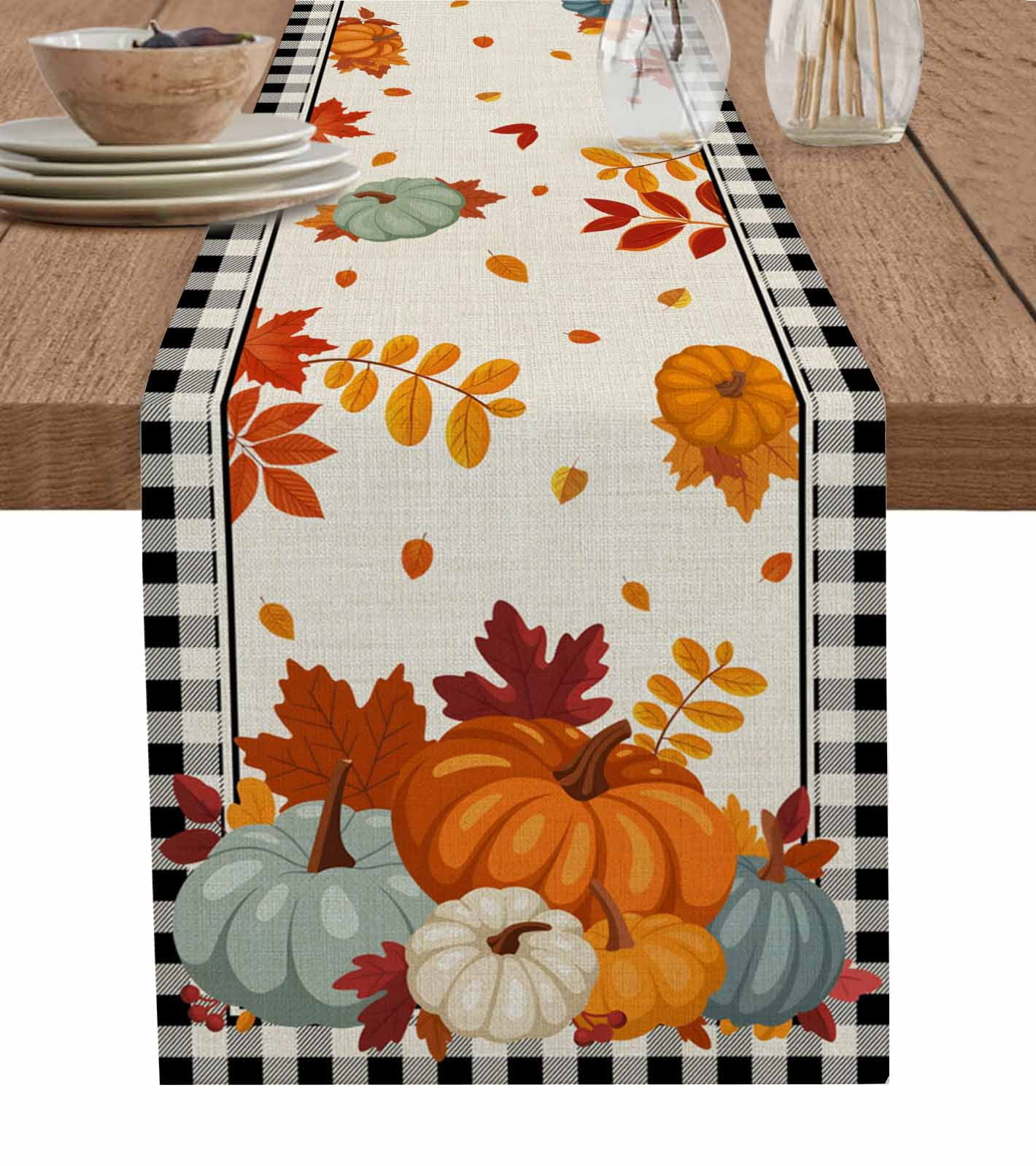 Fall Pumpkins Table Runner 72 Inches, Thanksgiving Black Plaid Maple ...