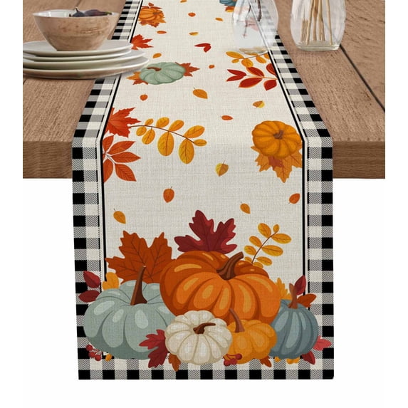 Fall Pumpkins Table Runner 72 Inches, Thanksgiving Black Plaid Maple ...