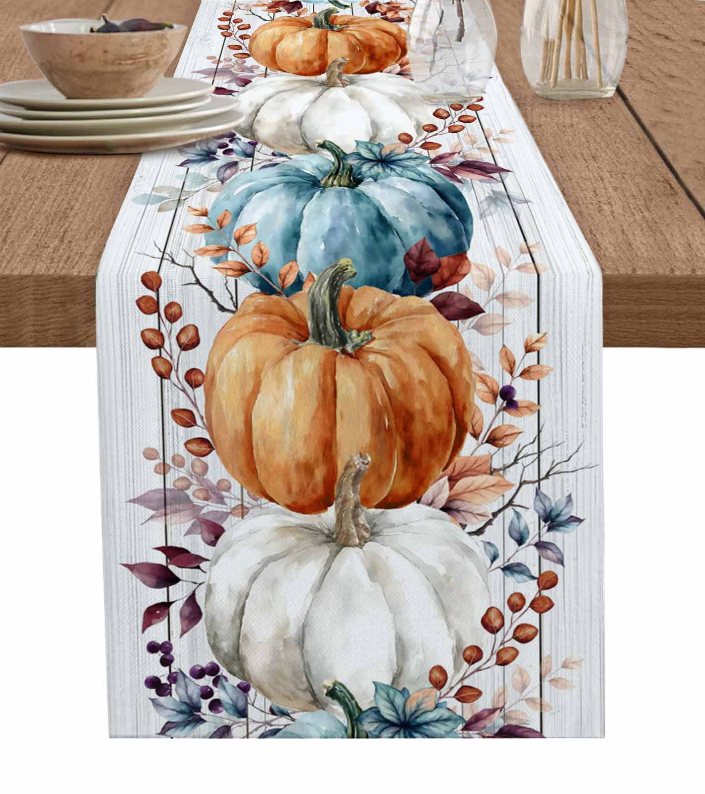 Fall Pumpkins Table Runner 72 Inches, Thanksgiving Eucalyptus Leaves ...