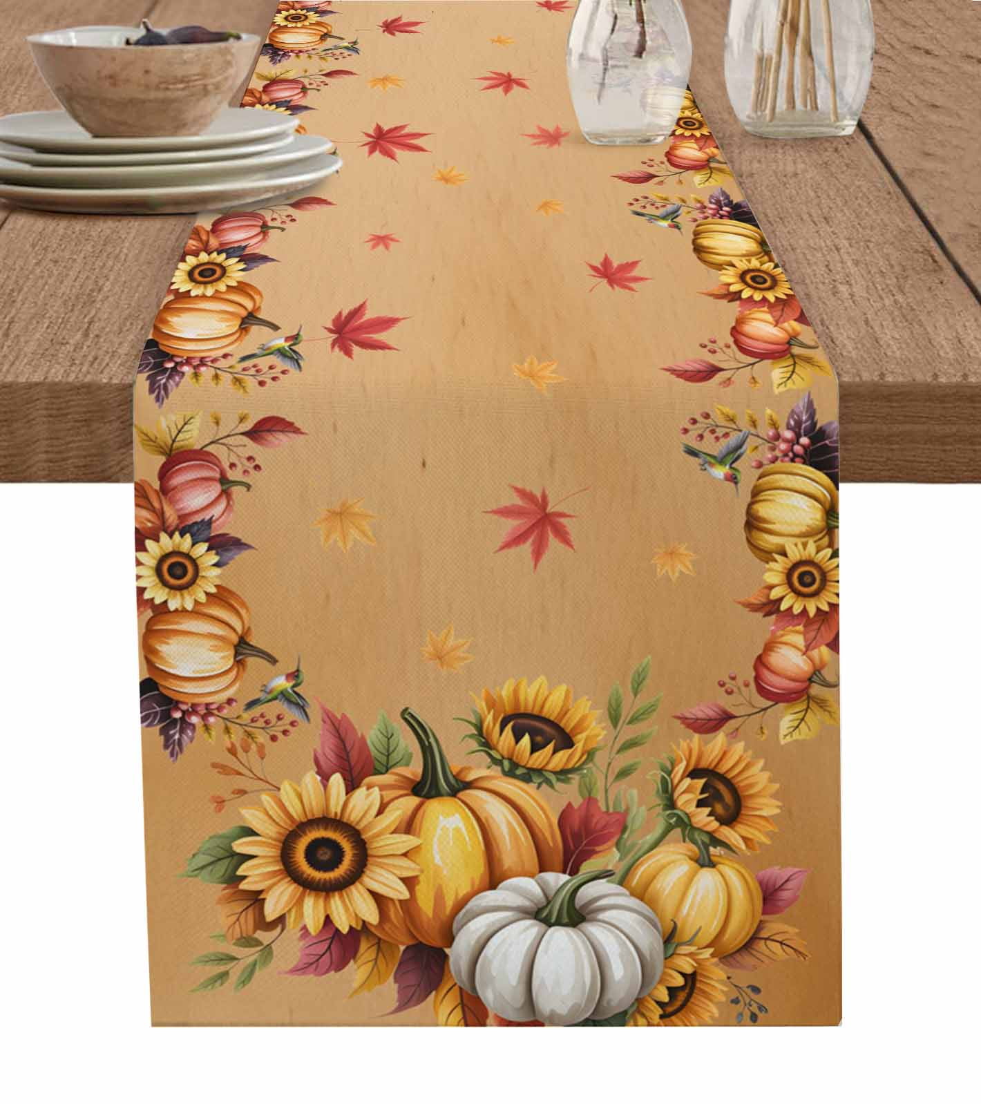 Fall Pumpkins Table Runner 90 Inches, Thanksgiving Maple Leaf Sunflower ...