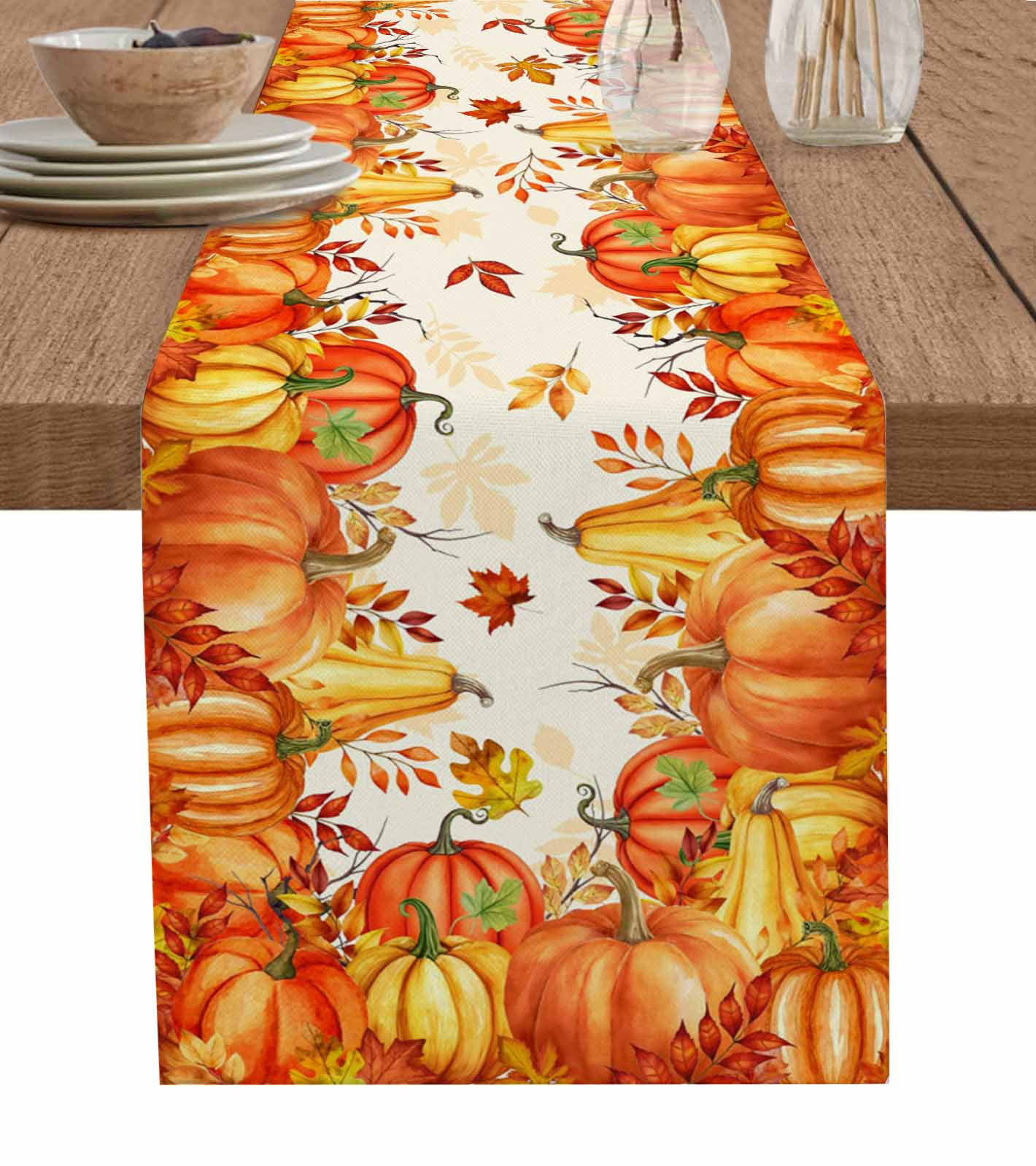 Fall Pumpkins Table Runner 90 Inches, Thanksgiving Orange Maple Leaf ...