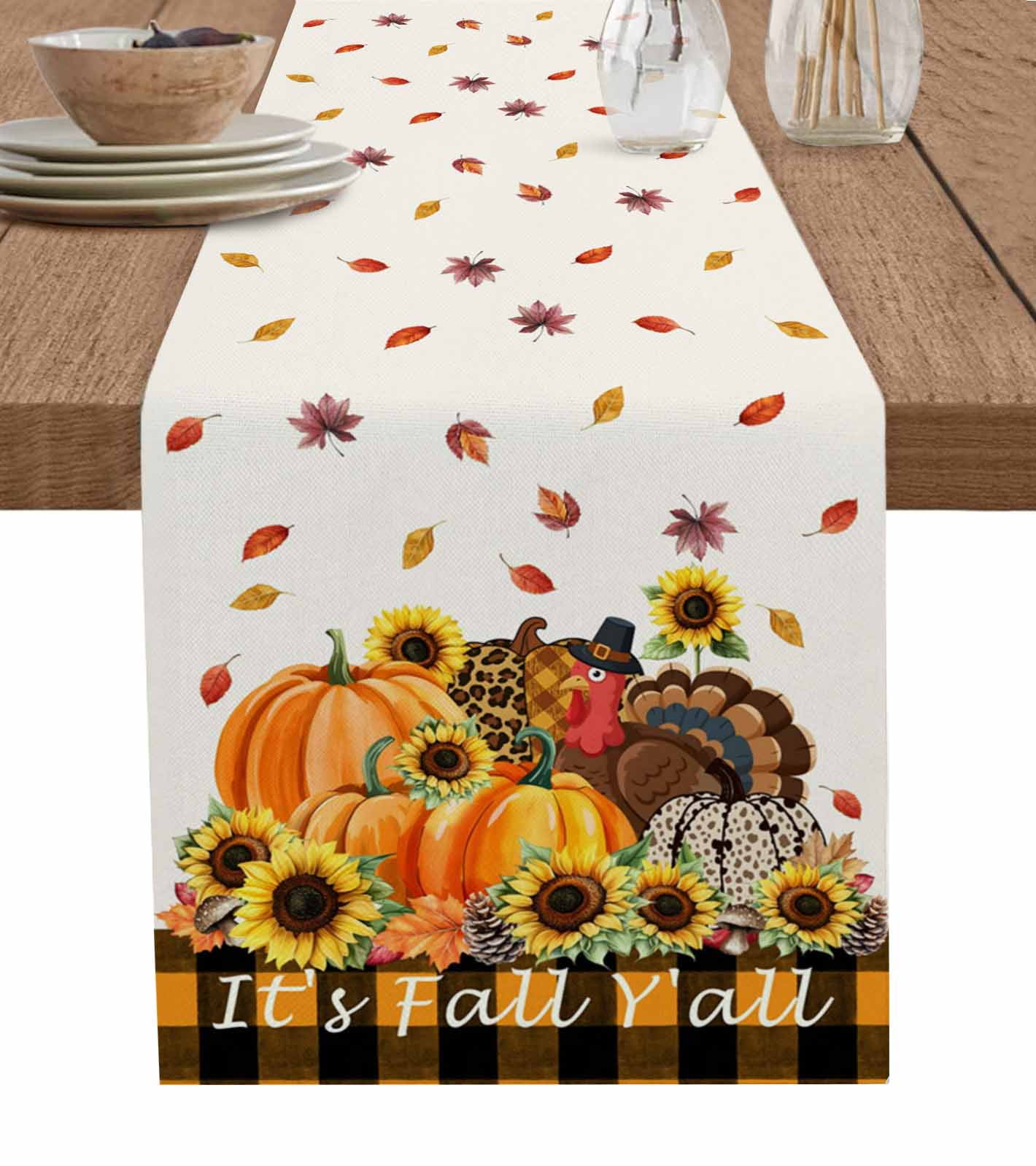 Fall Pumpkins Table Runner 90 Inches, Thanksgiving Sunflower Turkey ...