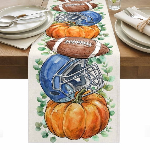 Fall Pumpkins Table Runner Autumn Football Baseball Eucalyptus Leaves ...