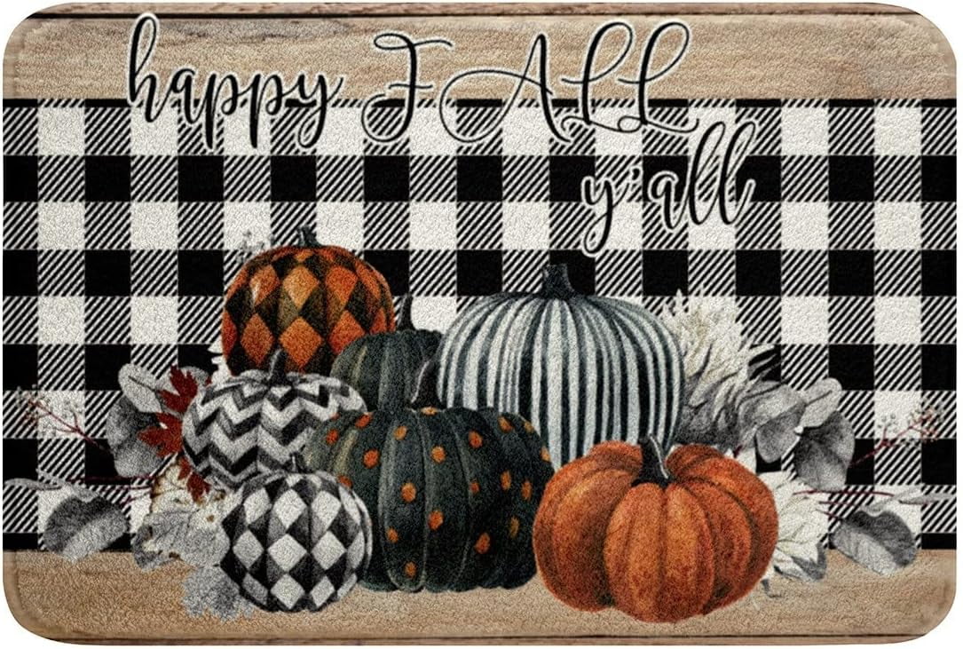 Fall Pumpkins Thanksgiving Bathroom Rug Non Slip Black White Buffalo ...
