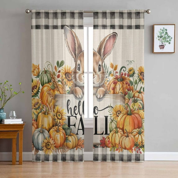 Fall Rabbit Pumpkins Sheer Curtains 84 Inches Long 2 Panels Set, Window ...