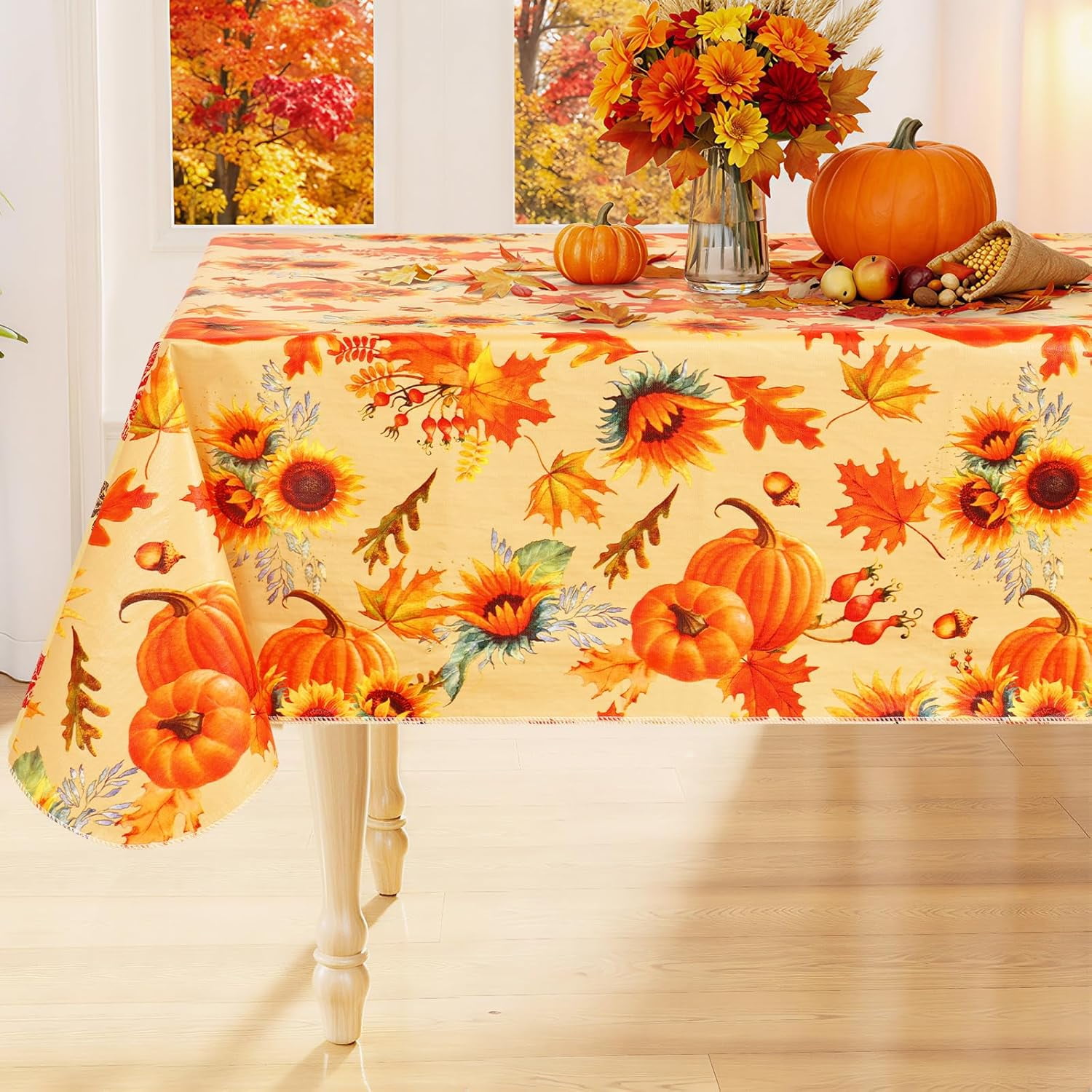 Fall Rectangle Table Cloth, Waterproof Vinyl Tablecloth with Flannel ...