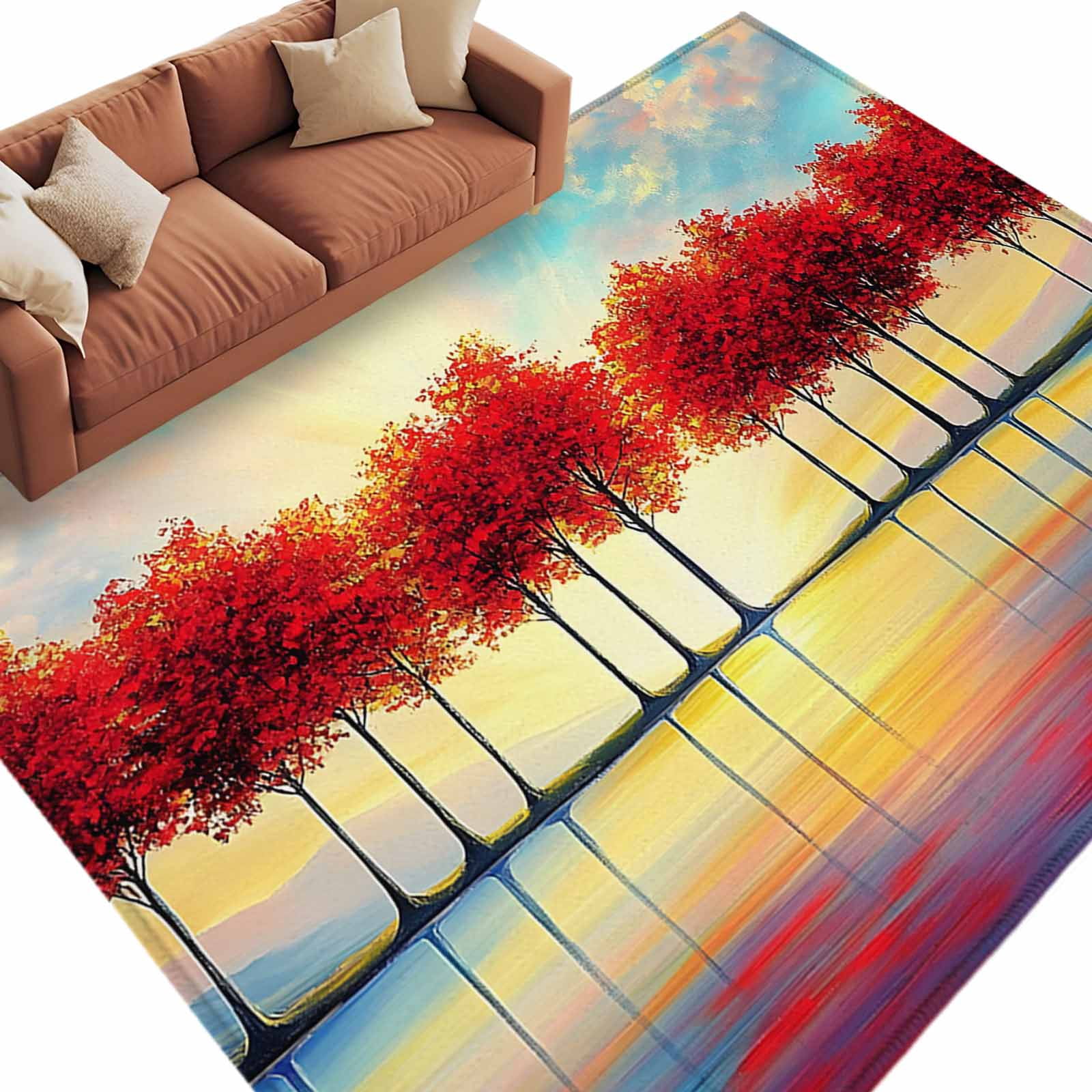 Fall Red Tree Area Rug 5x7ft Watercolor Red Leaf Cloud Lack Sunlight ...