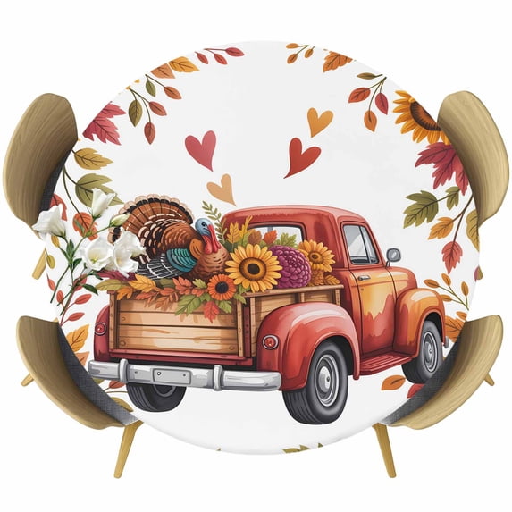 Fall Red Truck Round Tablecloth, Fitted Table Cover with Elastic for 55 ...