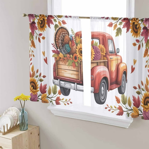 Fall Red Truck Sheer Curtains 54 Inches Length 2 Panels Set, Window ...