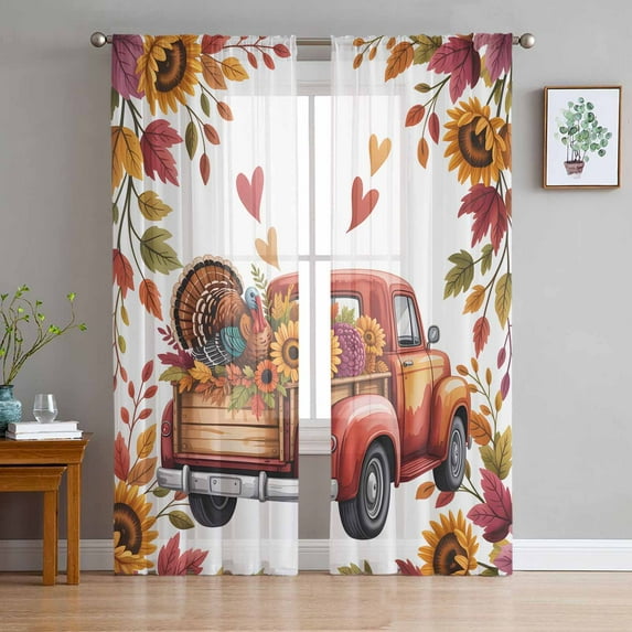 Fall Red Truck Sheer Curtains 63 Inches Length 2 Panels Set, Window ...