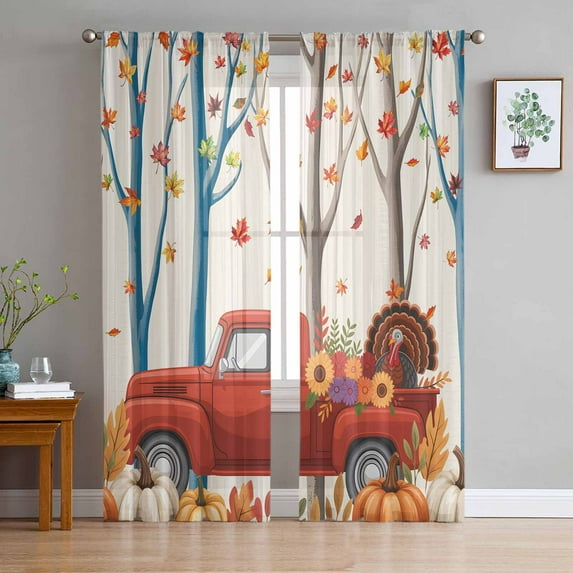 Fall Red Truck Sheer Curtains 84 Inches Long 2 Panels Set, Window Sheer ...