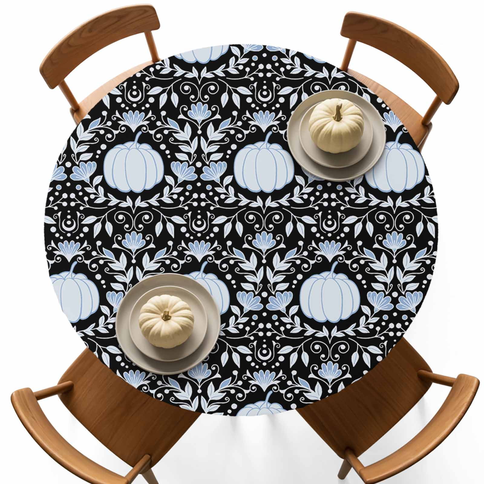 Fall Round Fitted Tablecloth with Elastic Abstract Pumpkin Thanksgiving ...