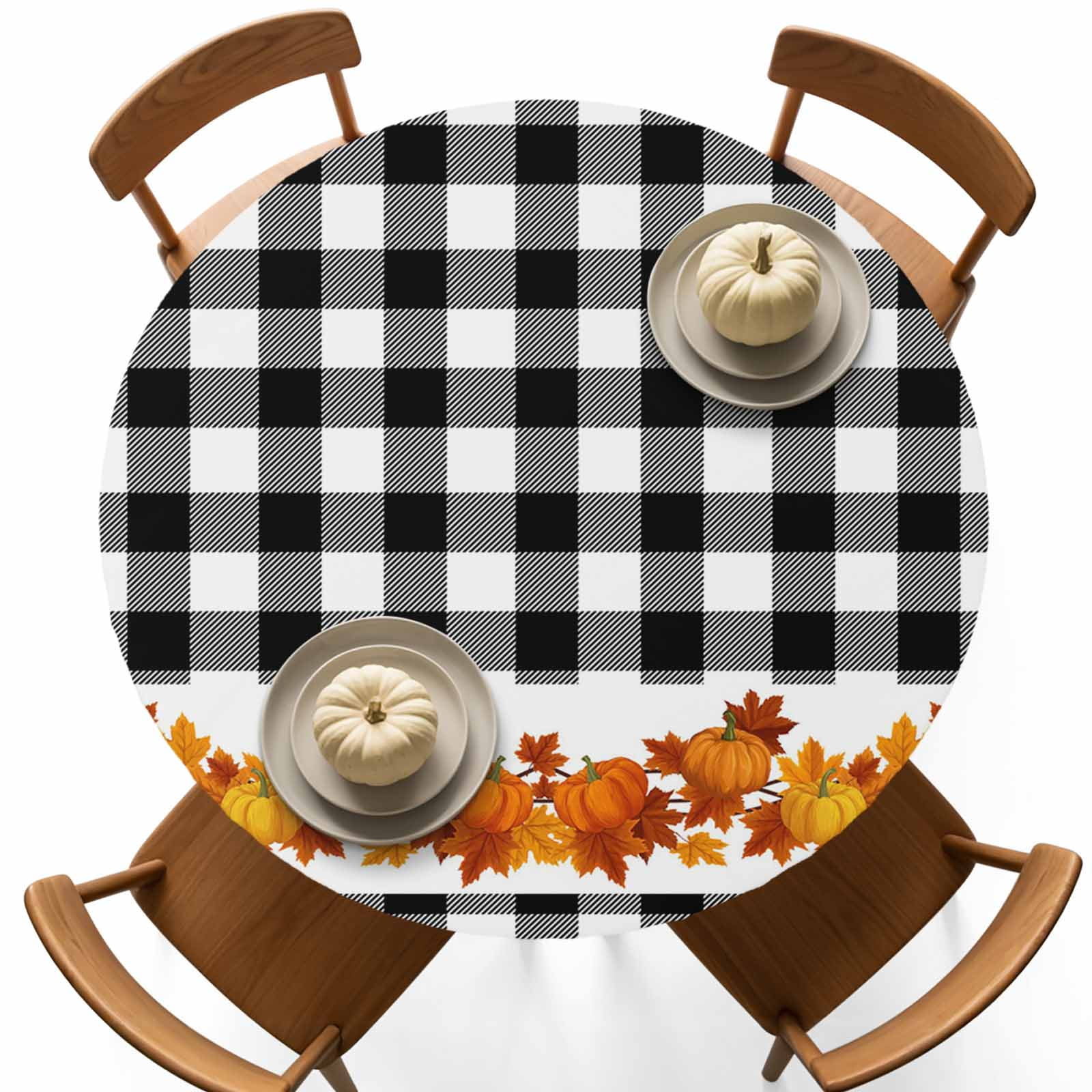 Fall Round Fitted Tablecloth with Elastic Autumn Maple Leaves Pumpkin ...